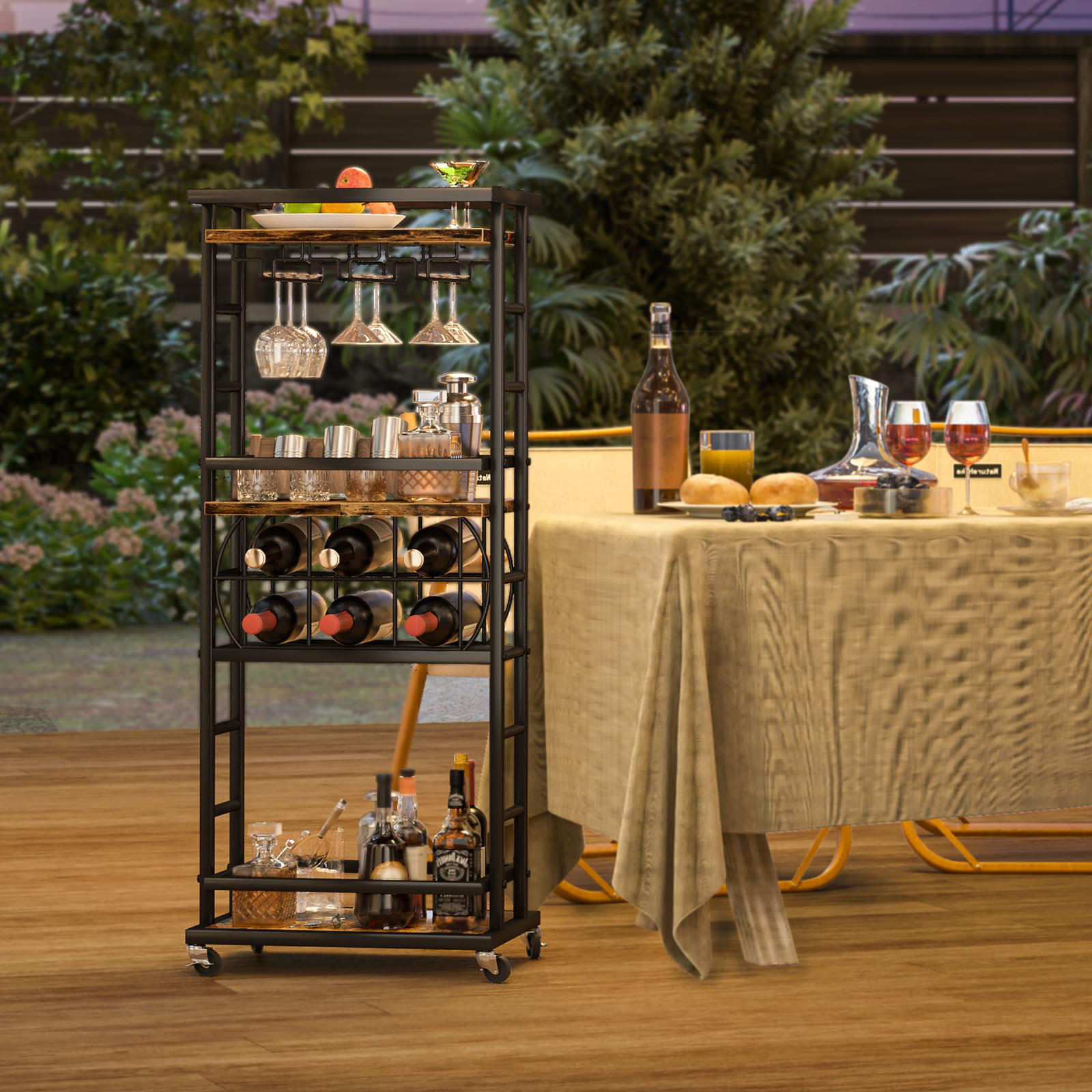 17 Stories Rustic Brown 4-Tier Rolling Wine Cart: Wine Rack, Glass ...