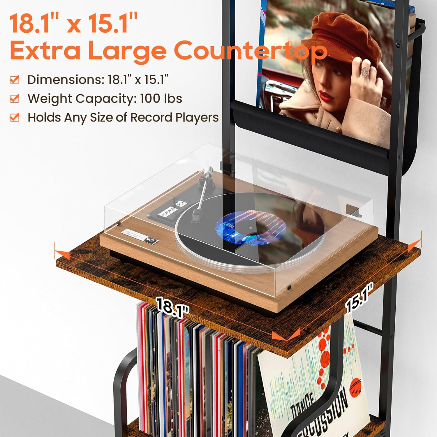 17 Stories Record Player Stand With Vinyl Storage, Tall Record Player ...
