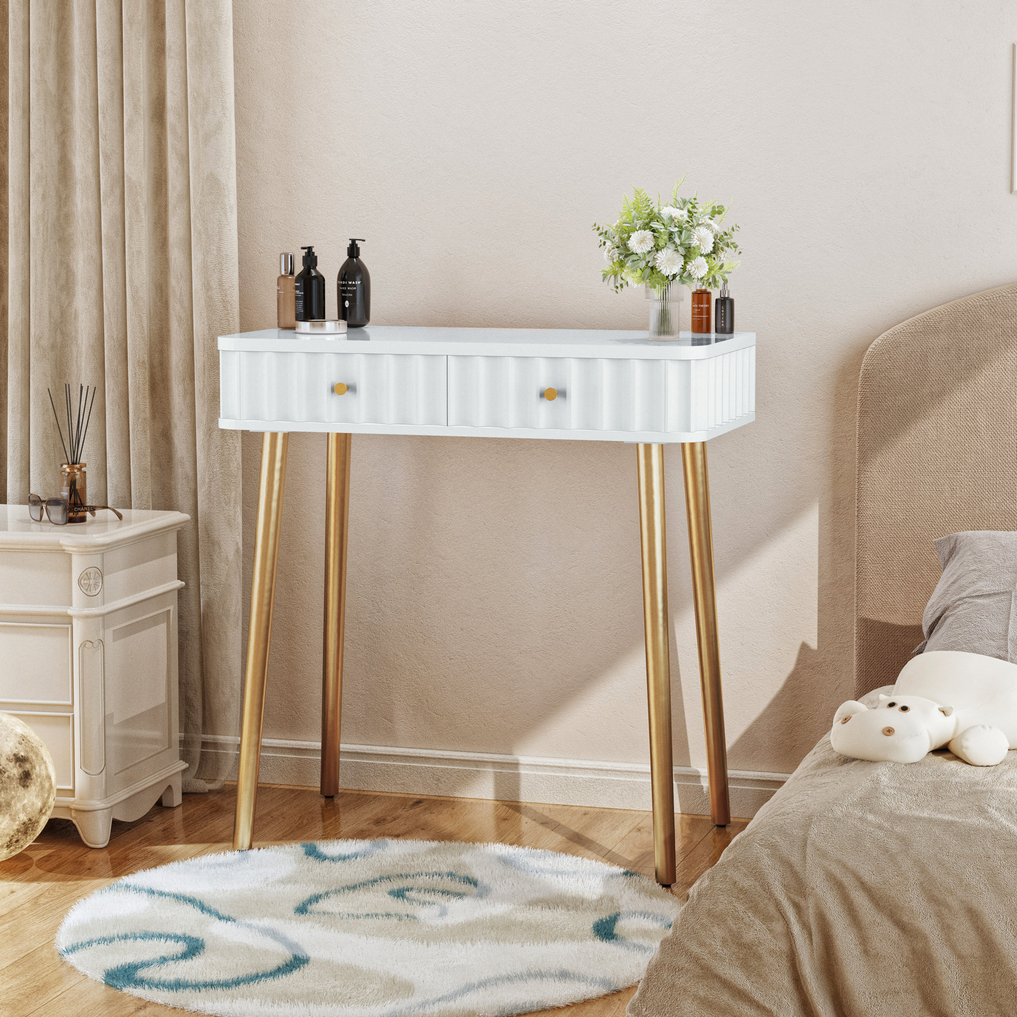 Mercer41 Stanyo Wooden Vanity Desk with Ripple Design Study Desk Small ...