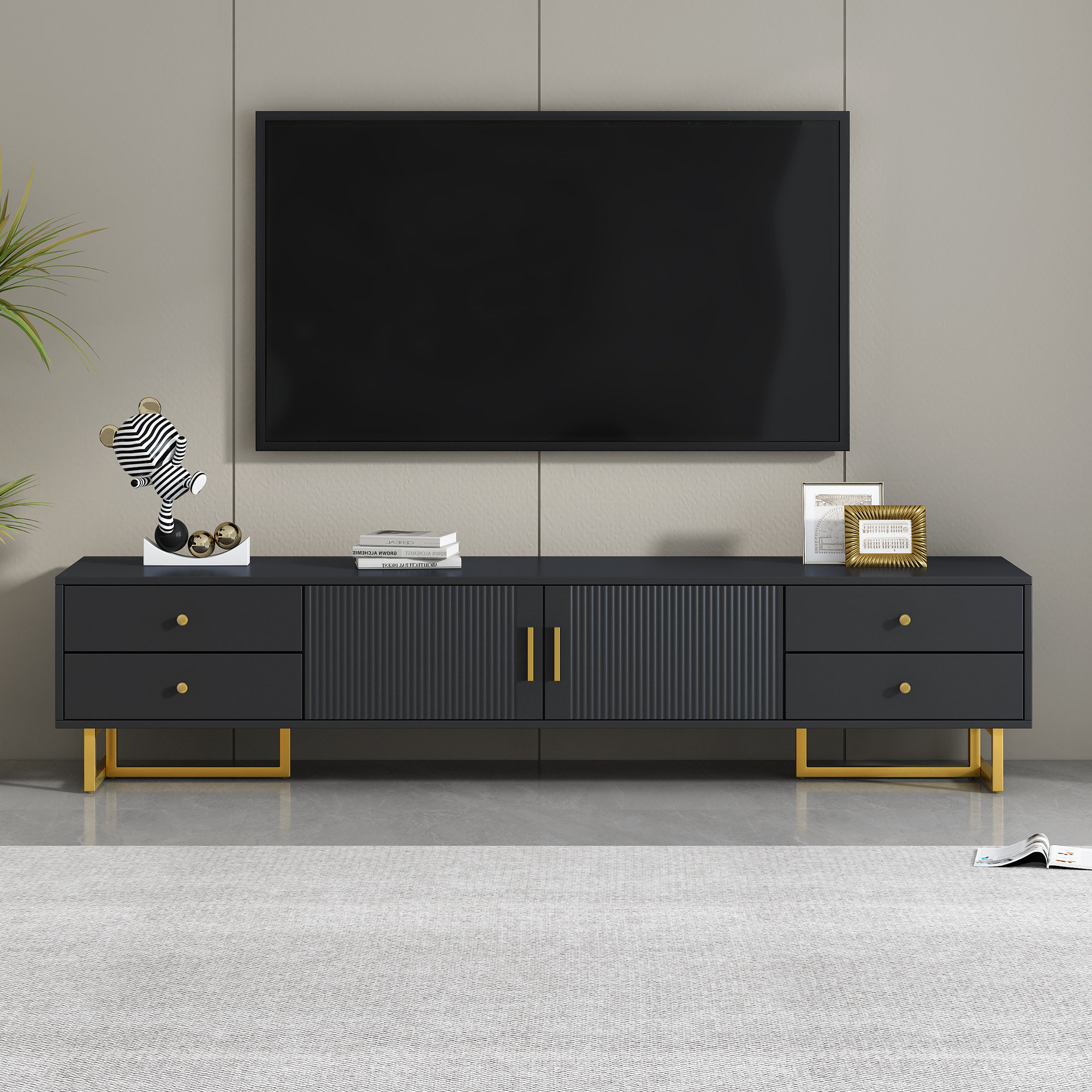 Everly Quinn TV Stand With Wave Groove Doors, 4 Drawers, 1 Cabinet ...