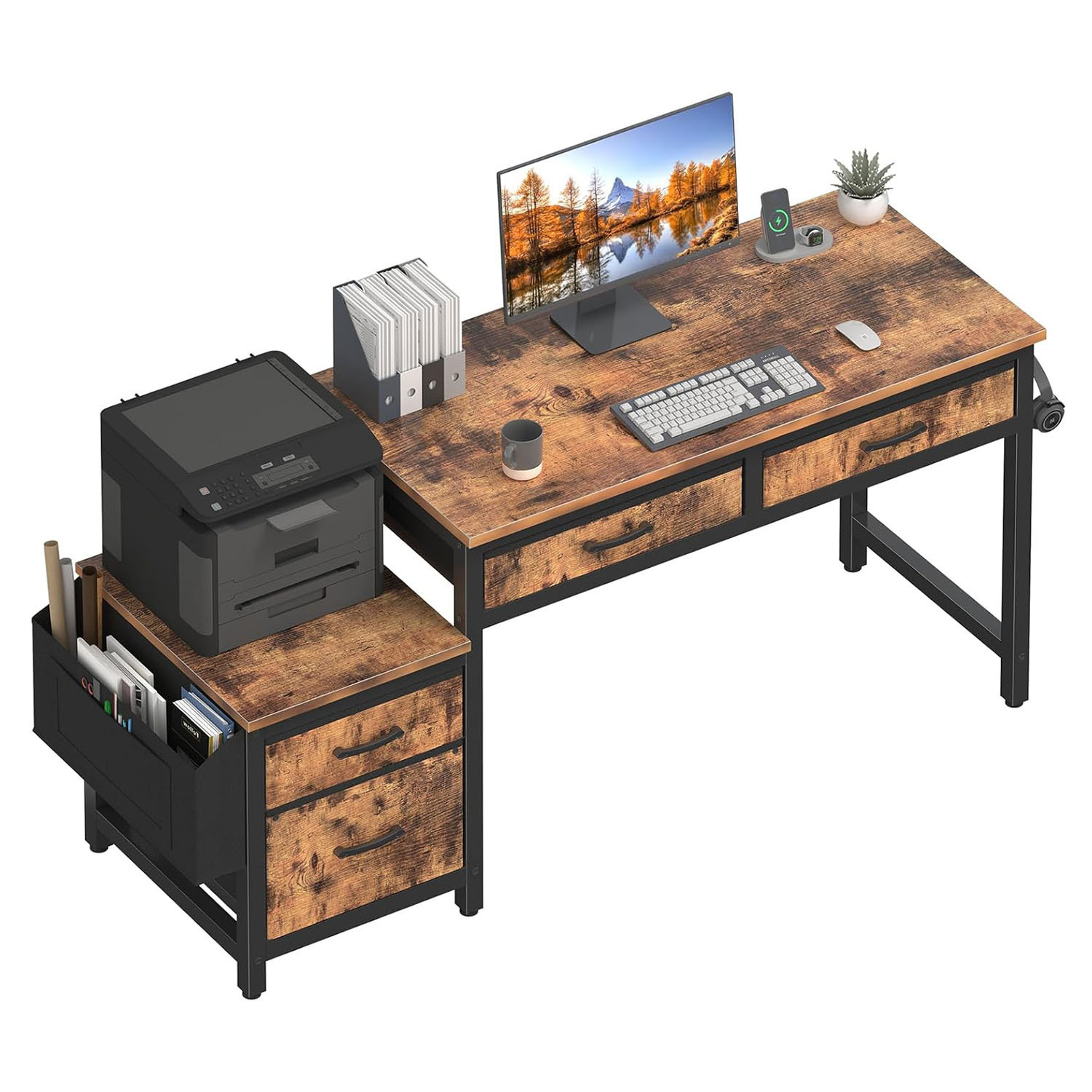 Latitude Run® White Computer Desk With Fabric File Drawers Cabinet, 57 ...