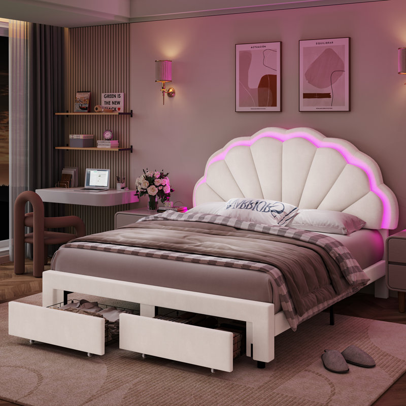 Wade Logan® Burlyn Upholstered LED Bed Frame with Drawer & Adjustable ...