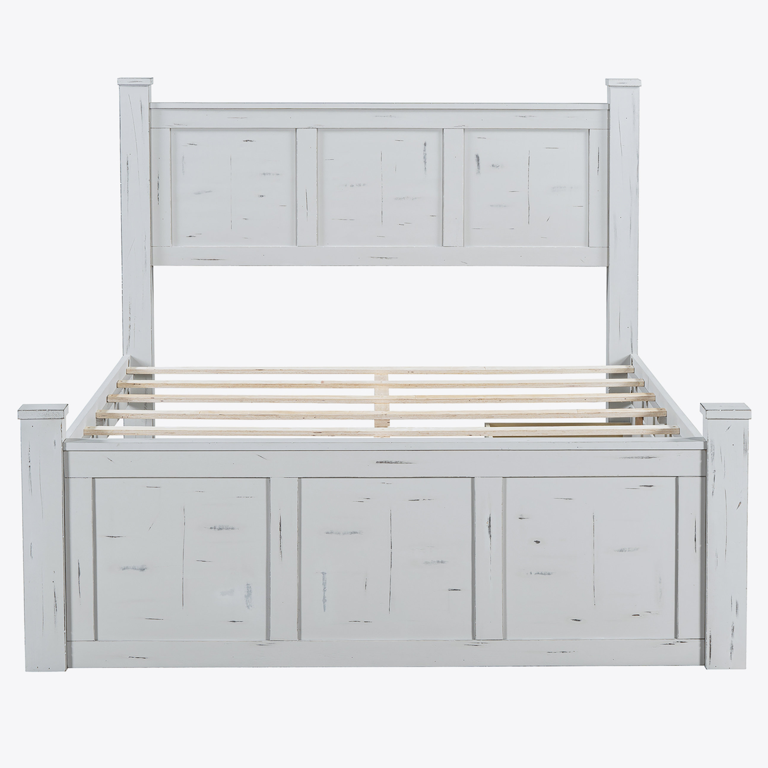 August Grove Farmhouse Style Wood Panel Bed Frame Four Square Poster Bed with Three Storage ...