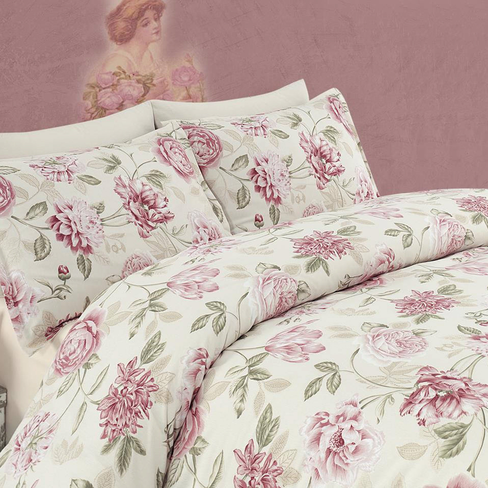 Asir Group INC Lamkin Pink/Ivory/Green Cotton Blend Duvet Cover Set ...