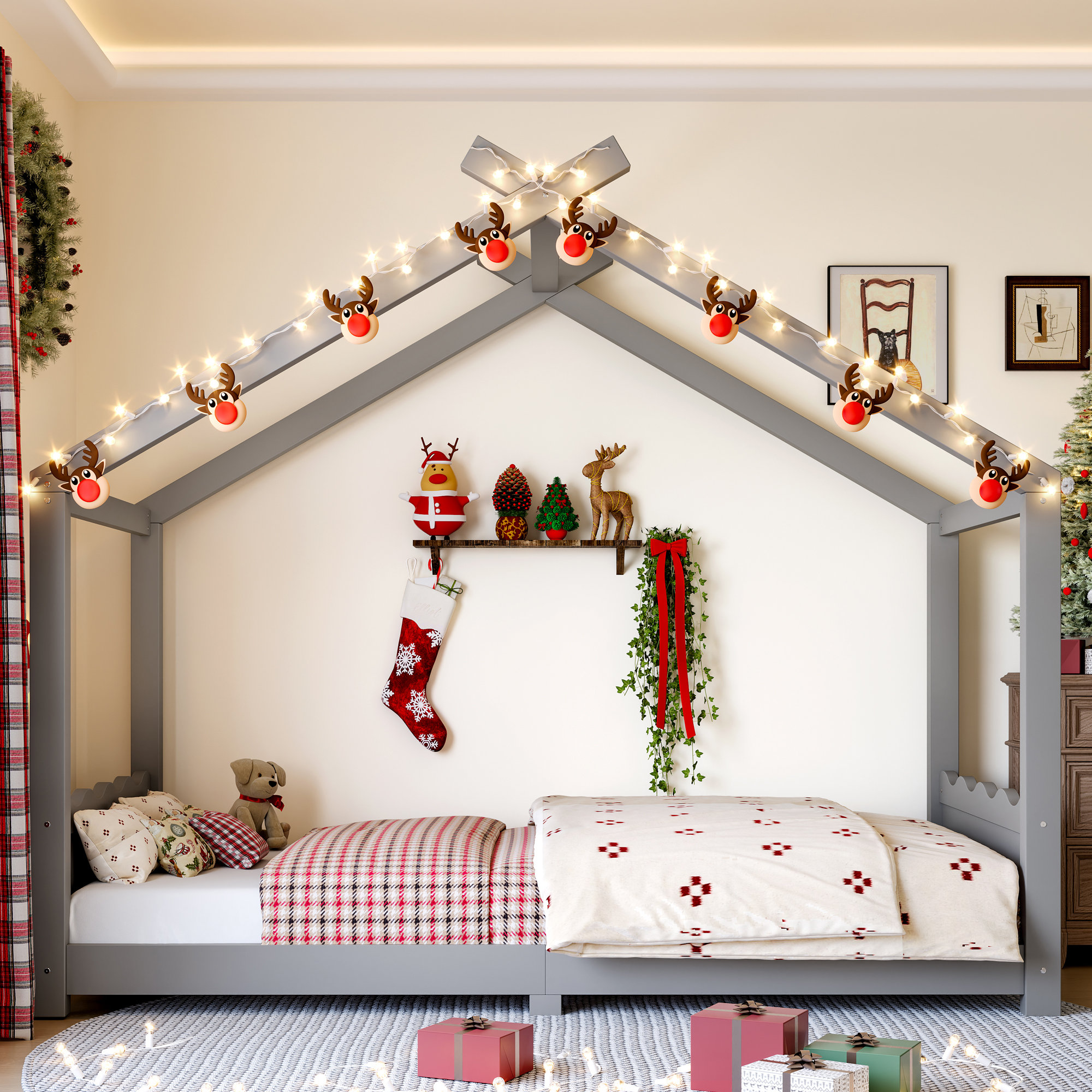 August Grove® Twin House Floor Bed with Support Slats, Solid Wood House ...