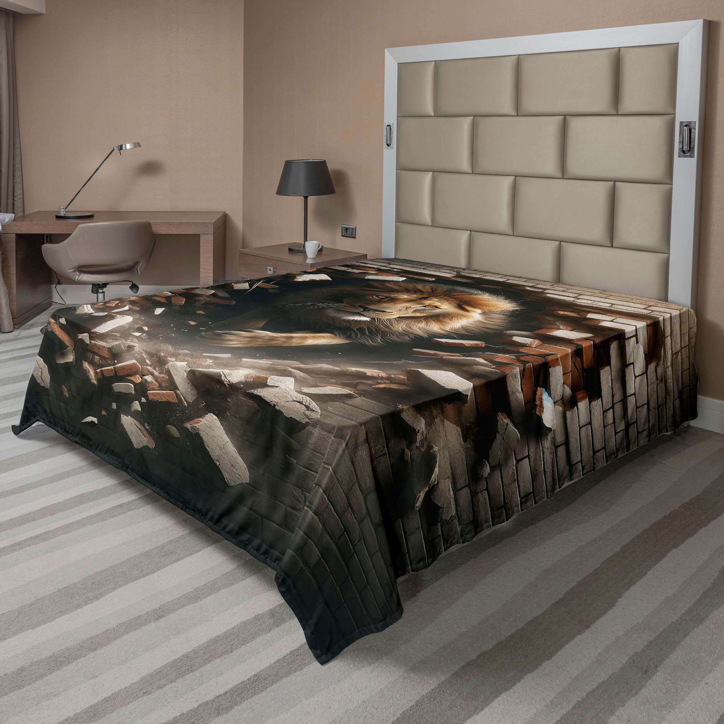 Ambesonne Lion Top Flat Sheet Emerging from Brick Wall Pale Mustard and ...