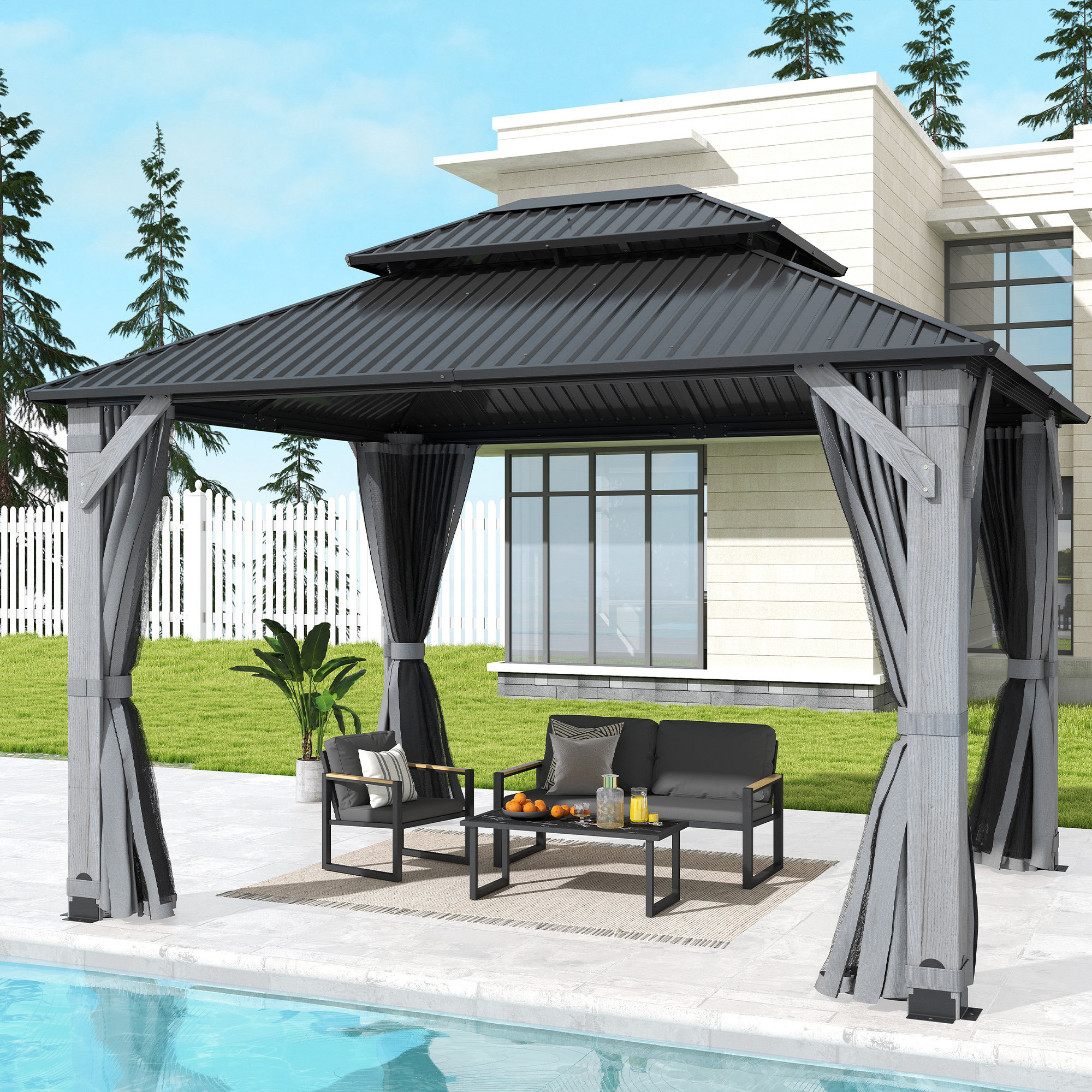 Gartoo 10' x 12' Outdoor Wood Gazebo, Hardtop Gazebo Permanent Cedar Wooden Gazebo with ...