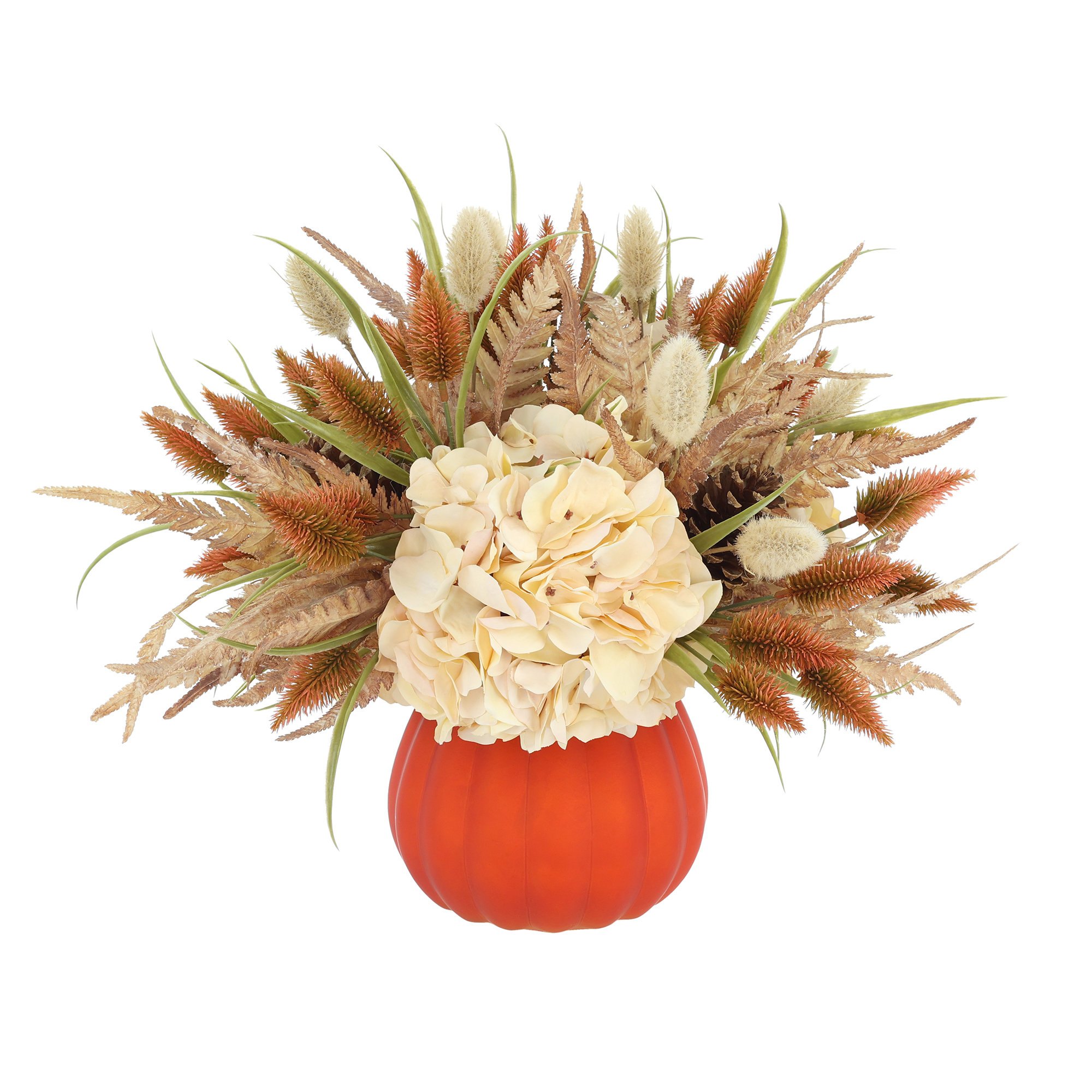 Primrue Haywa Fall Centerpiece with Hydrangeas and Thistle in Pumpkin ...