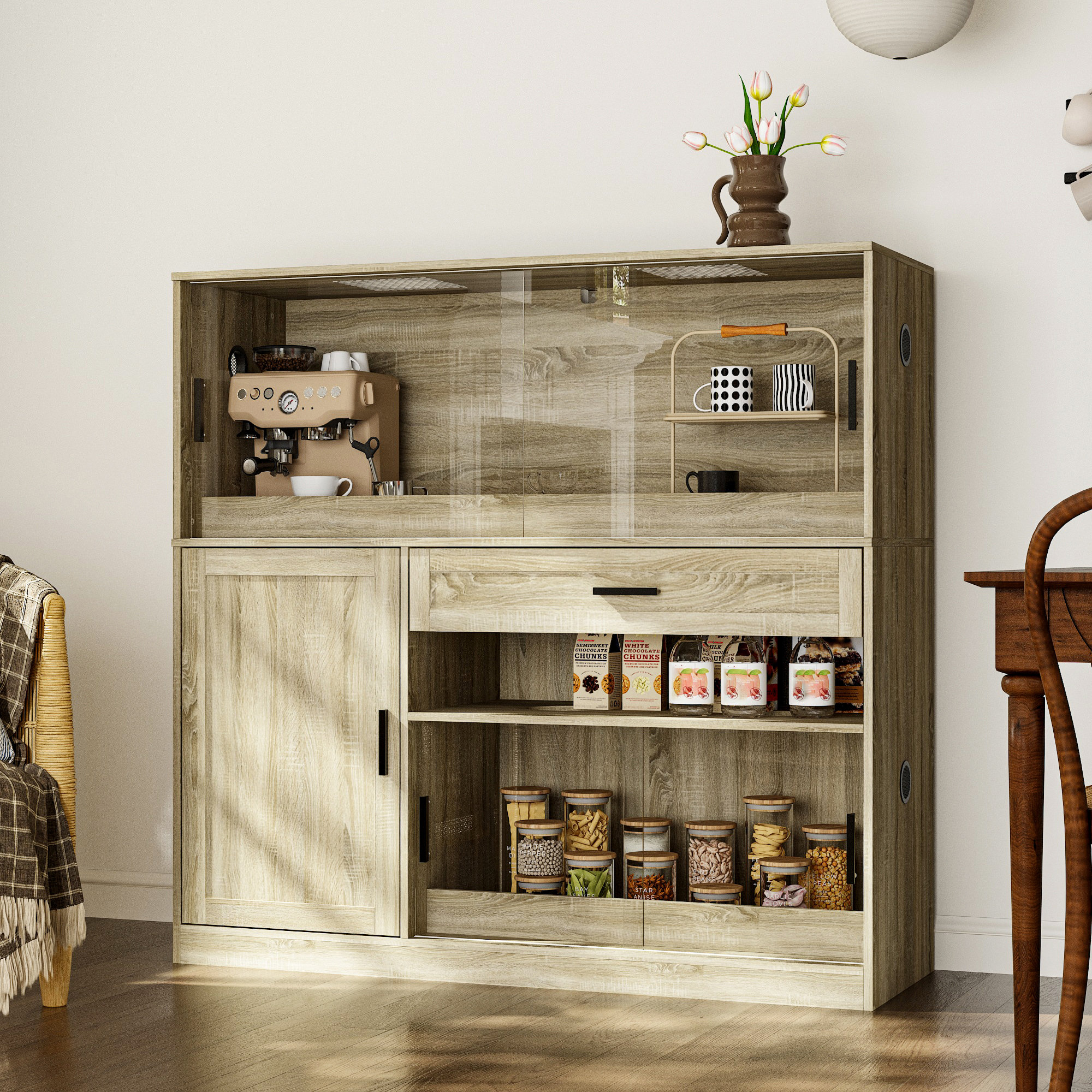 Latitude Run® 53.1" Wide Pull-Out Glass Door Kitchen Storage Cabinet ...