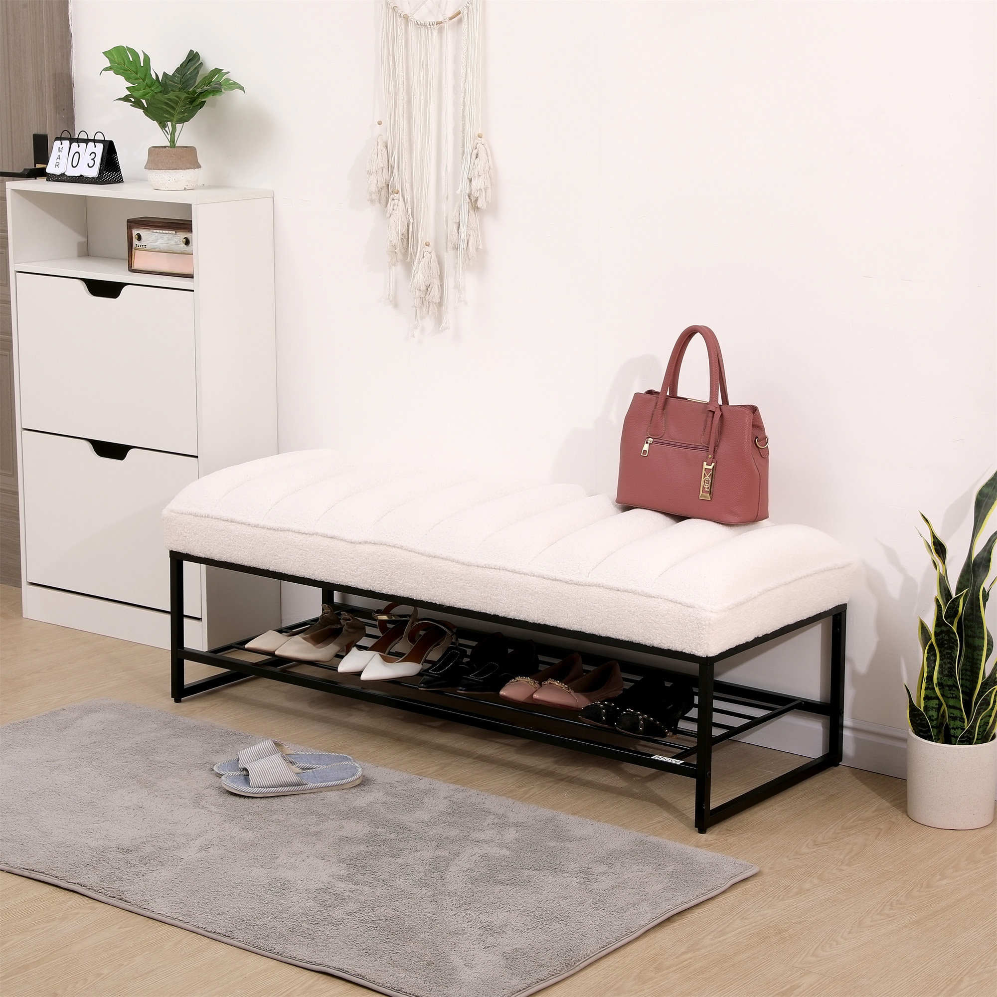 Ebern Designs Channel Tufted Bench With Metal Shelf White Sherpa ...