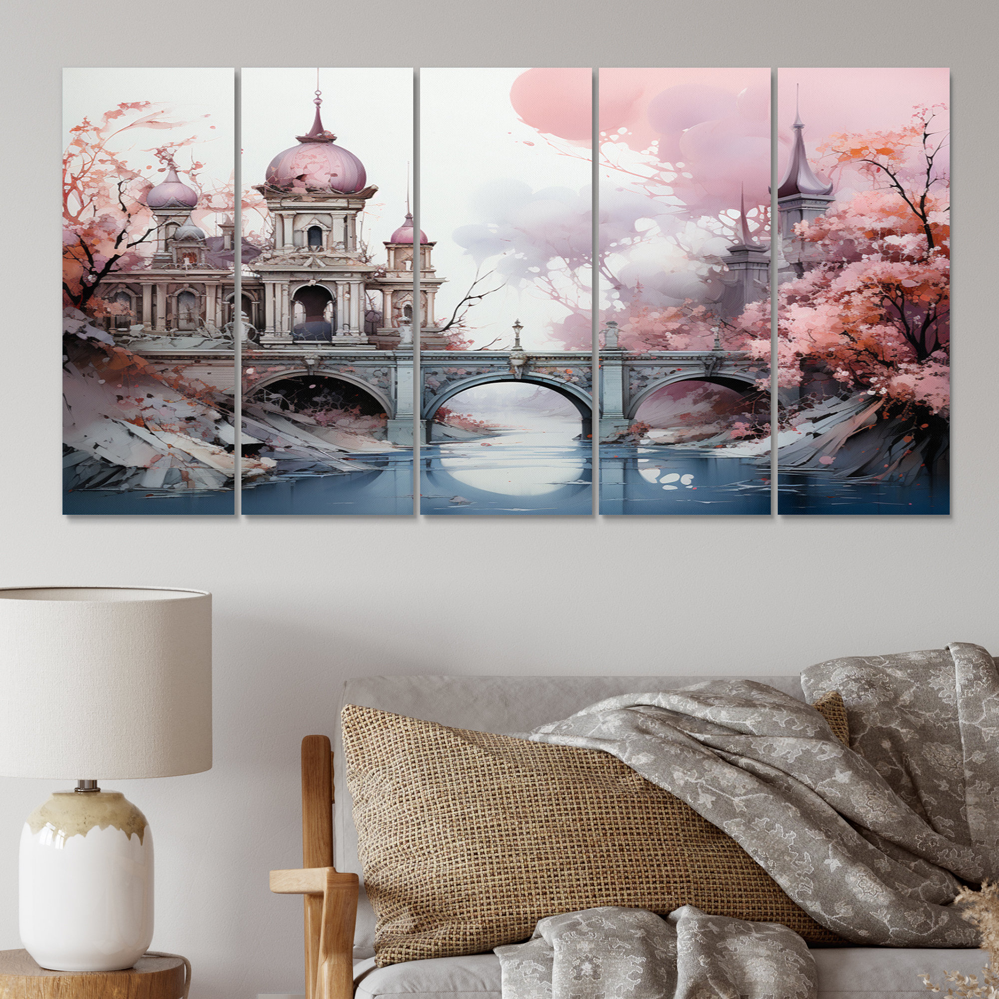 Design Art Pink Bridge Enchanted Crossing I - Architecture Metal Wall ...