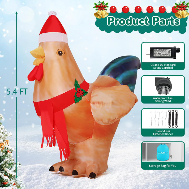 GOOSH Christmas Inflatables 5.4 Ft Christmas Chicken Inflatable With ...