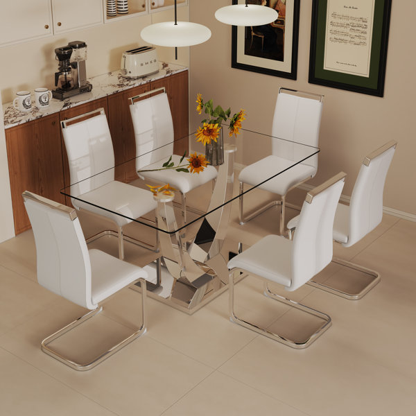 Ivy Bronx Joniya 7-Piece Glass Top Pedestal Dining Set & Reviews ...