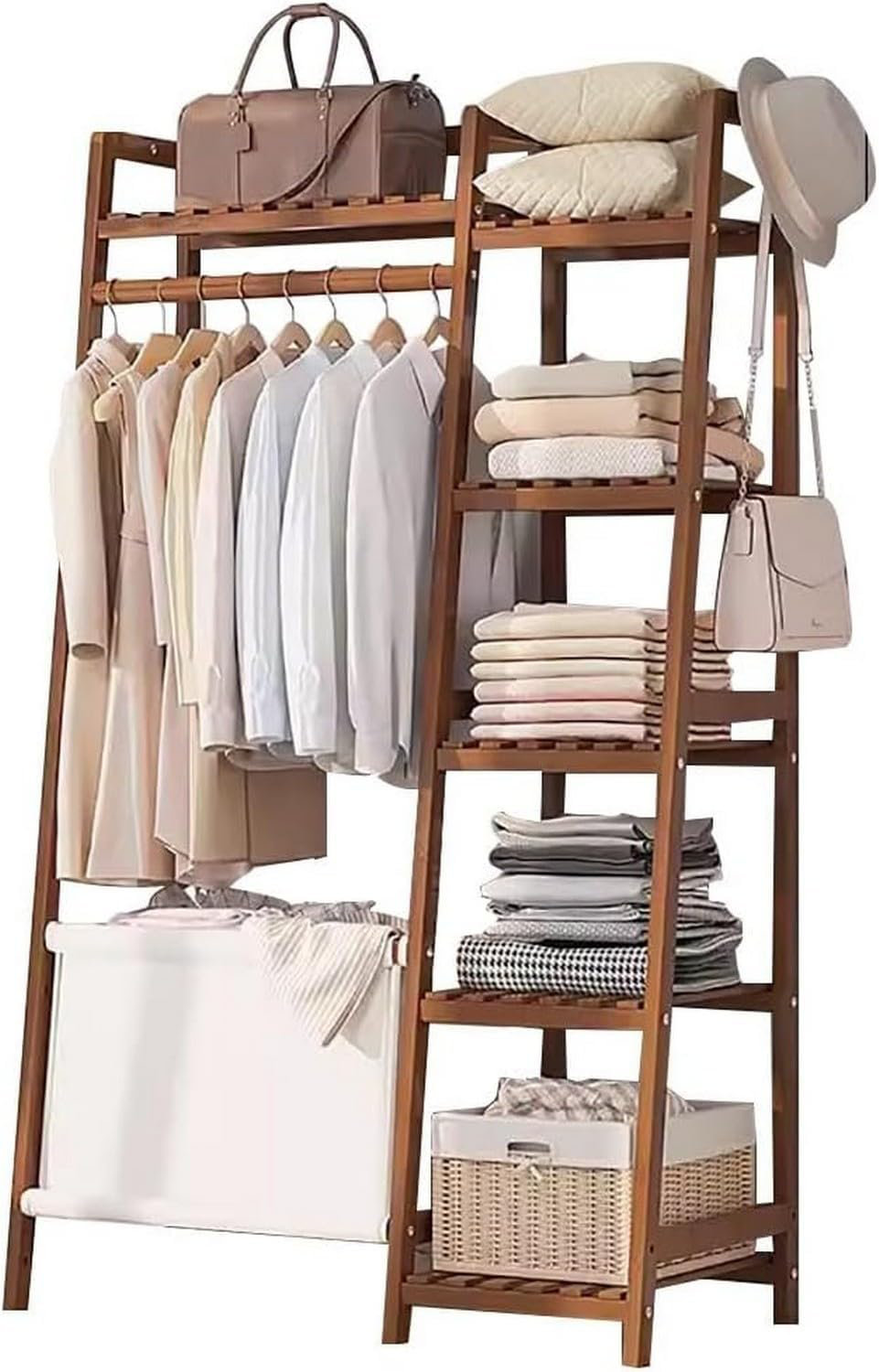 Rebrilliant Bamboo Clothing Shelf with Bag Storage – Multifunctional ...