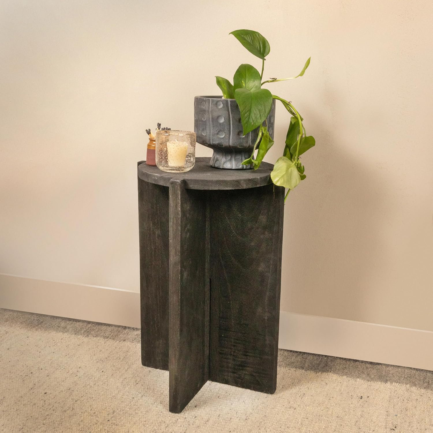 George Oliver Paulownia Wood Round Accent Table - Modern Black Side ...