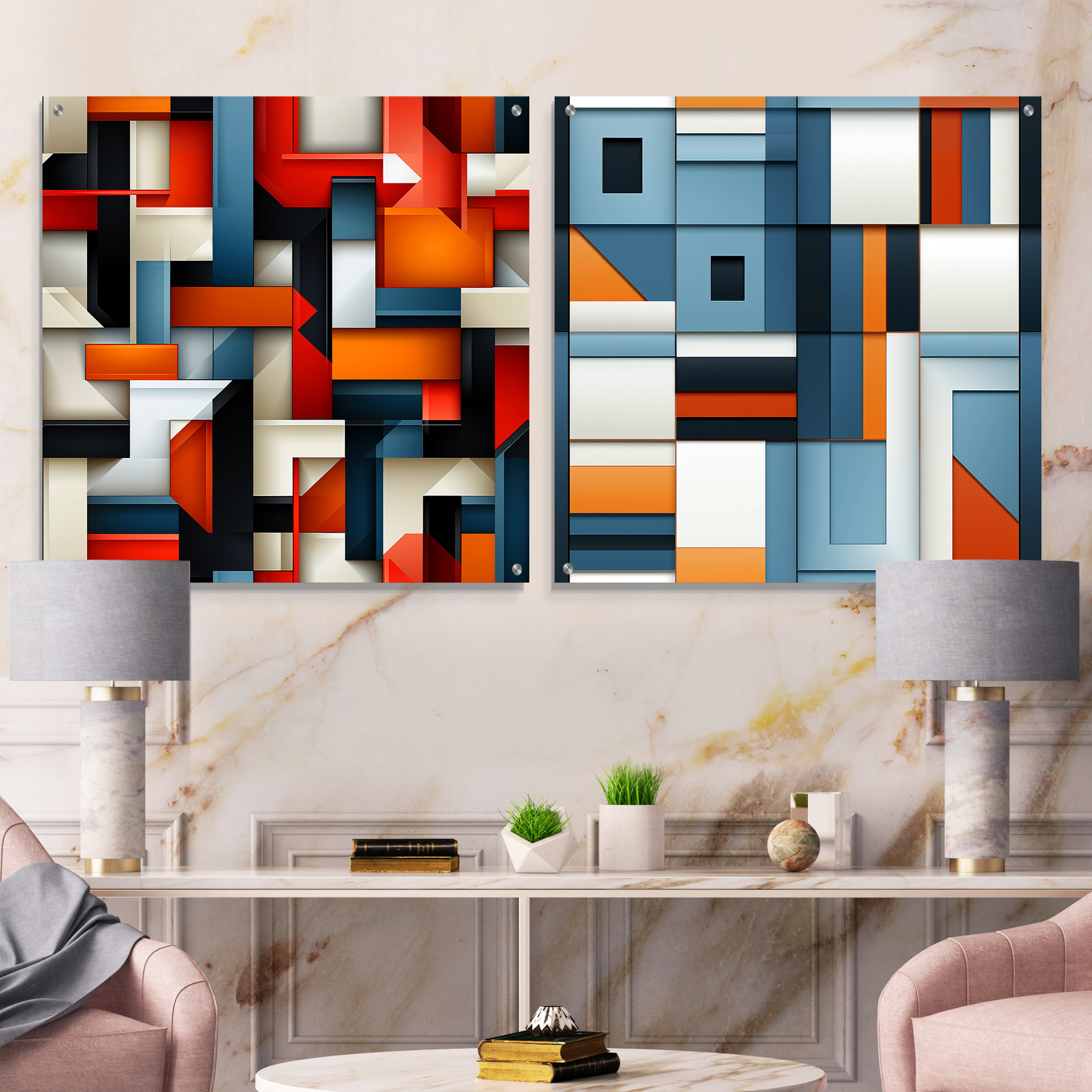 Design Art Red Industrial Matrix Cubic Reflections - Abstract Geometric ...