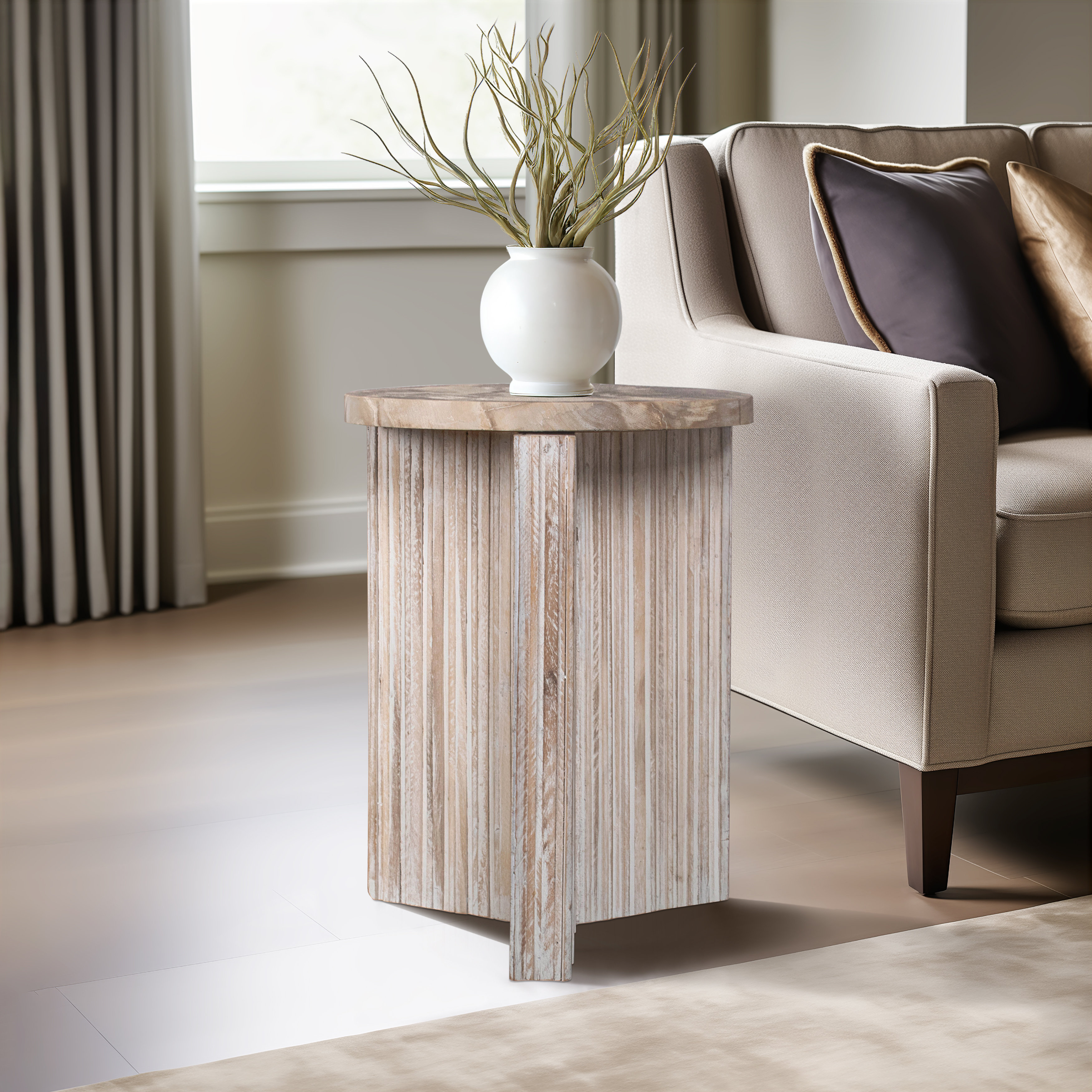 Loon Peak Neutral Modern Cream Round Petrified Wood And Teak Accent ...