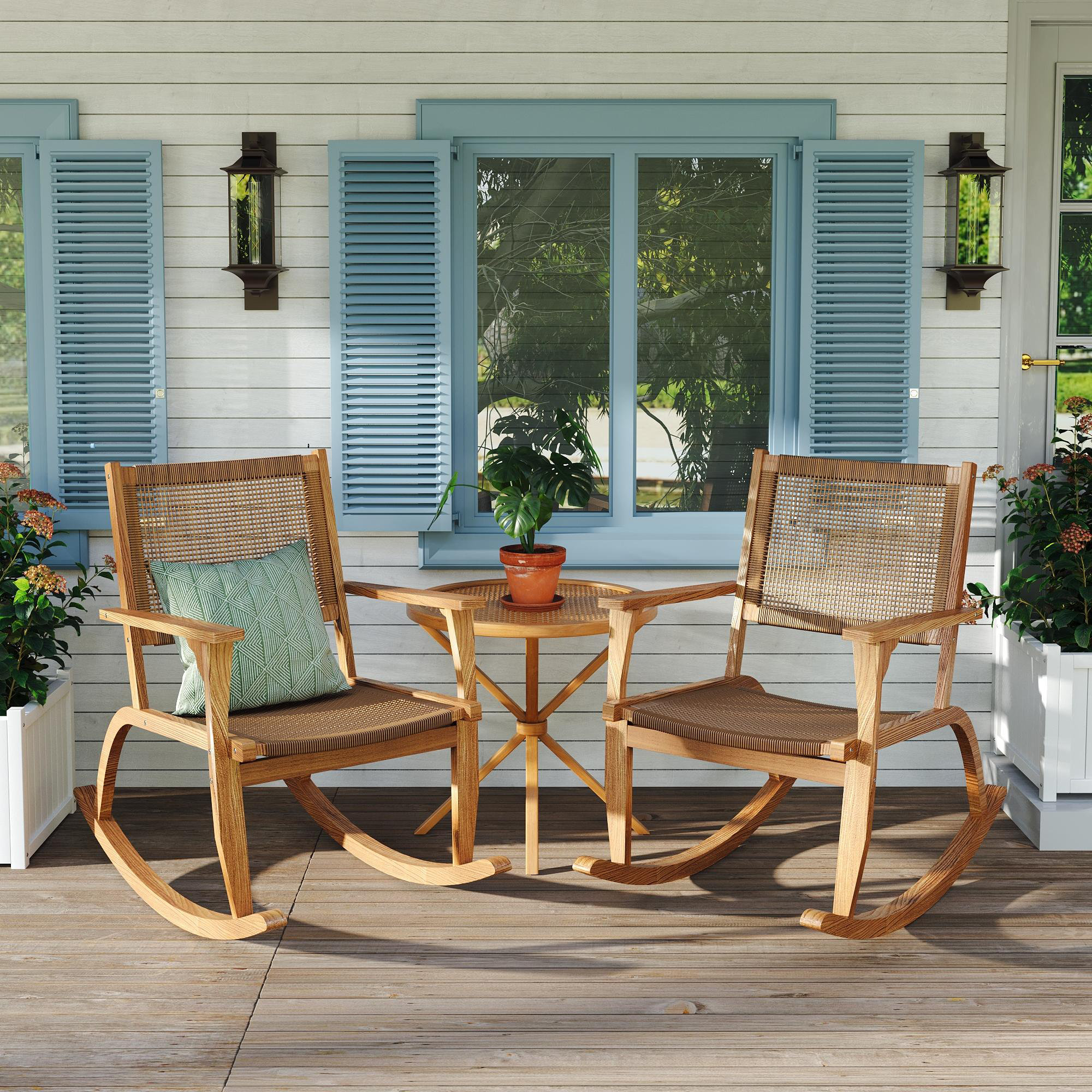 Bayou Breeze 2 Pieces Patio Rocking Chair Set, Acacia Wood Outdoor ...