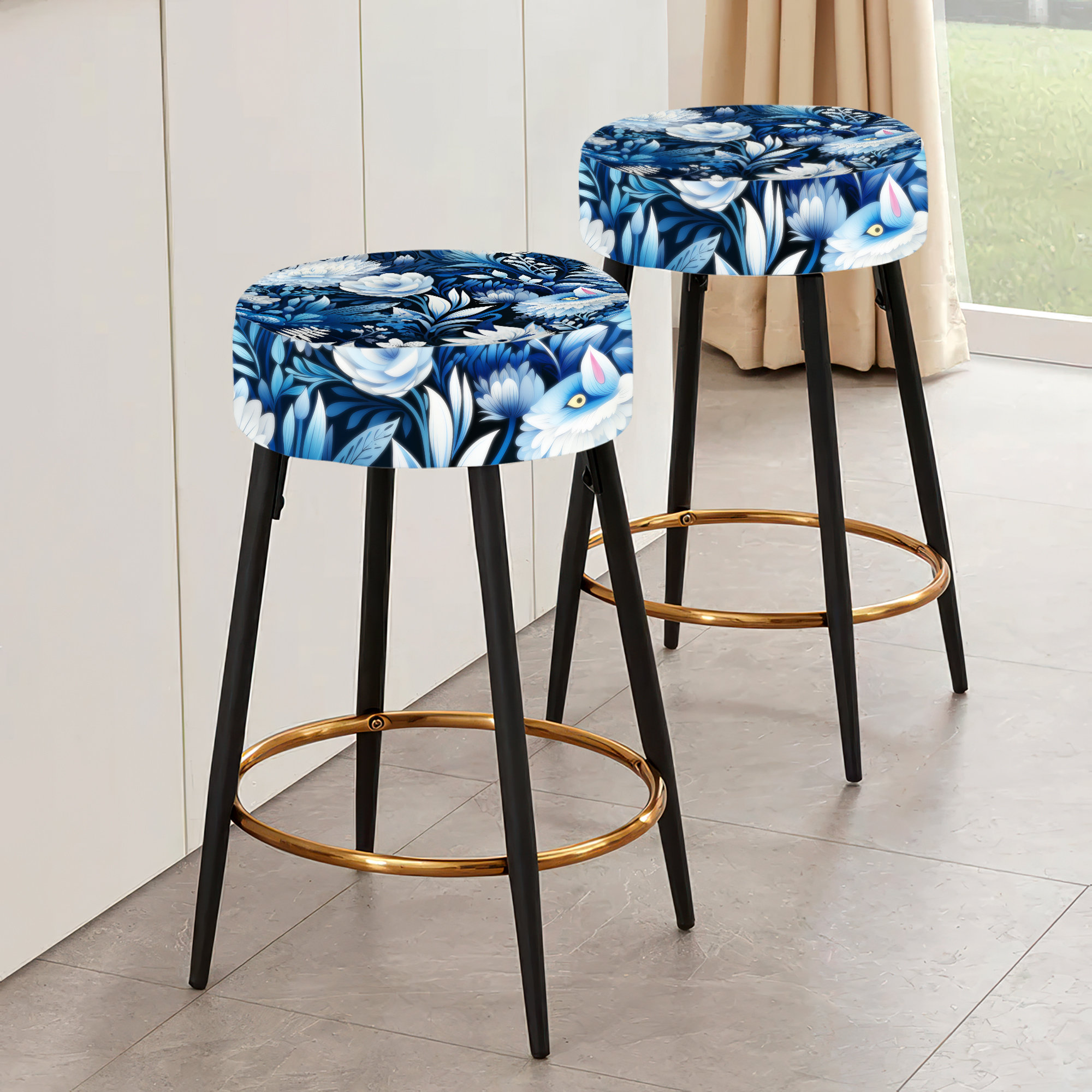 Design Art Russian Blue And White Flowers Reflections - Botanical Bar Stools Set Of 2 | Wayfair