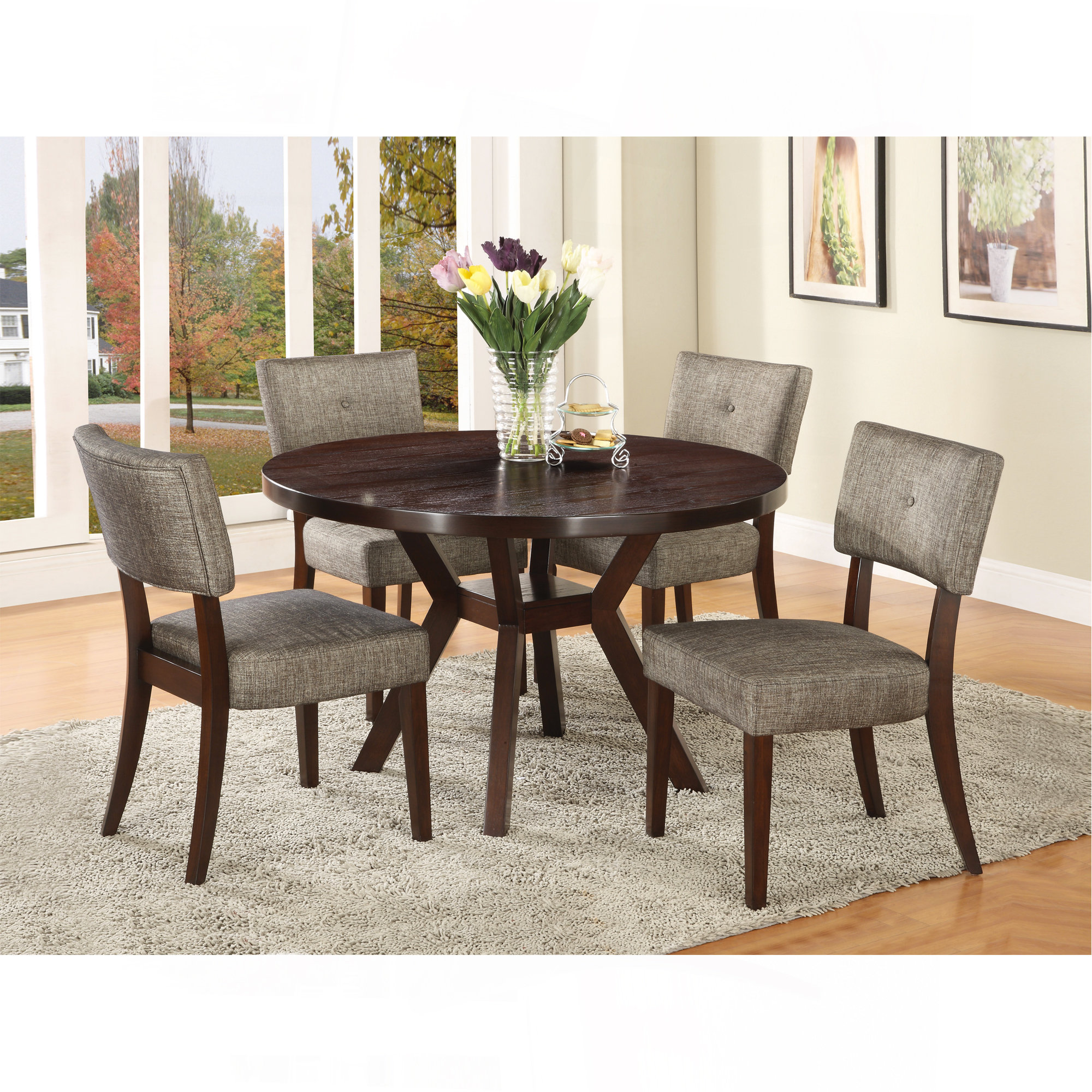 George Oliver Drake Grey Fabric & Espresso Finish 5Pcs Dining Room Set ...
