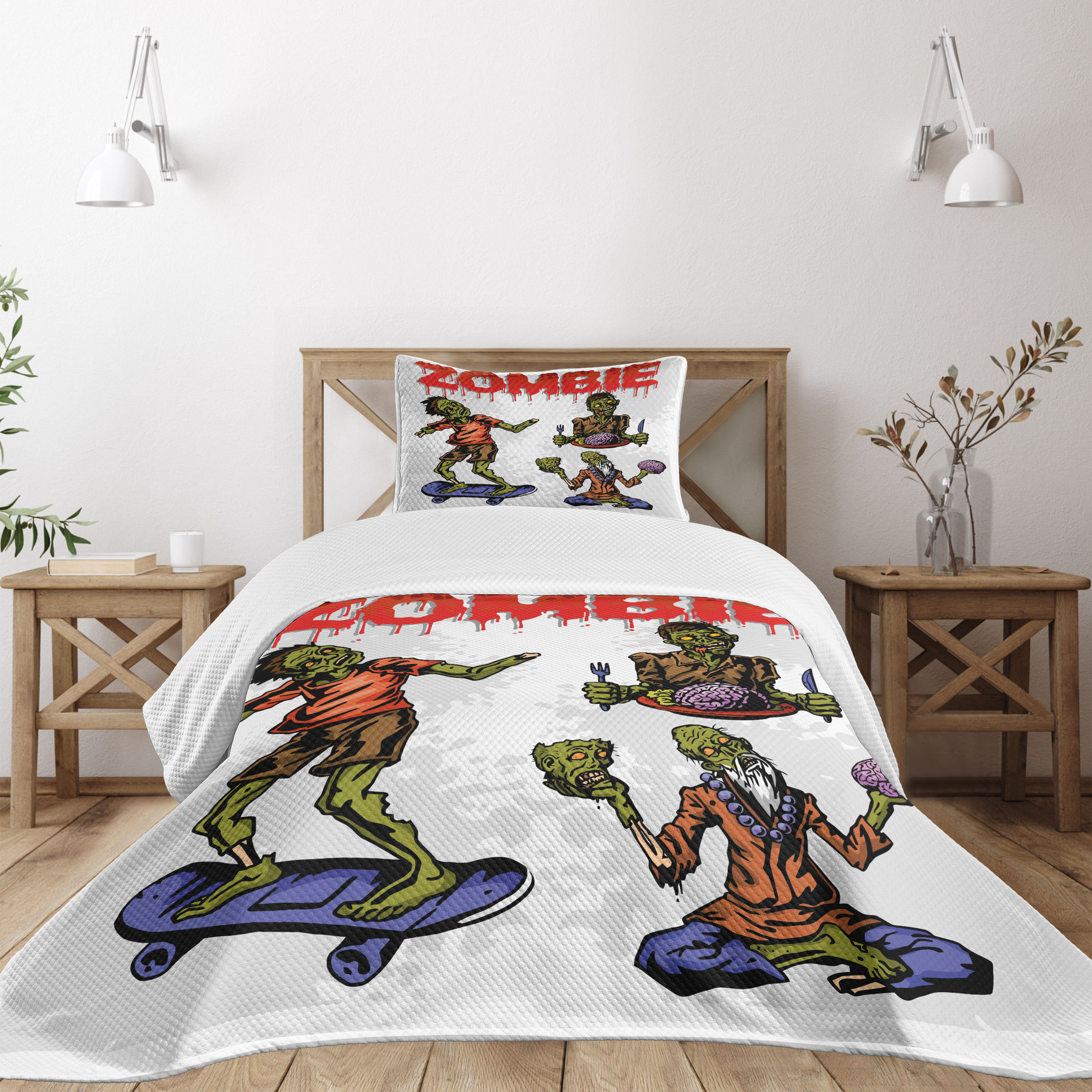Ambesonne Zombie Bedspread Man Eating Brain Olive Green Red Dust | Wayfair