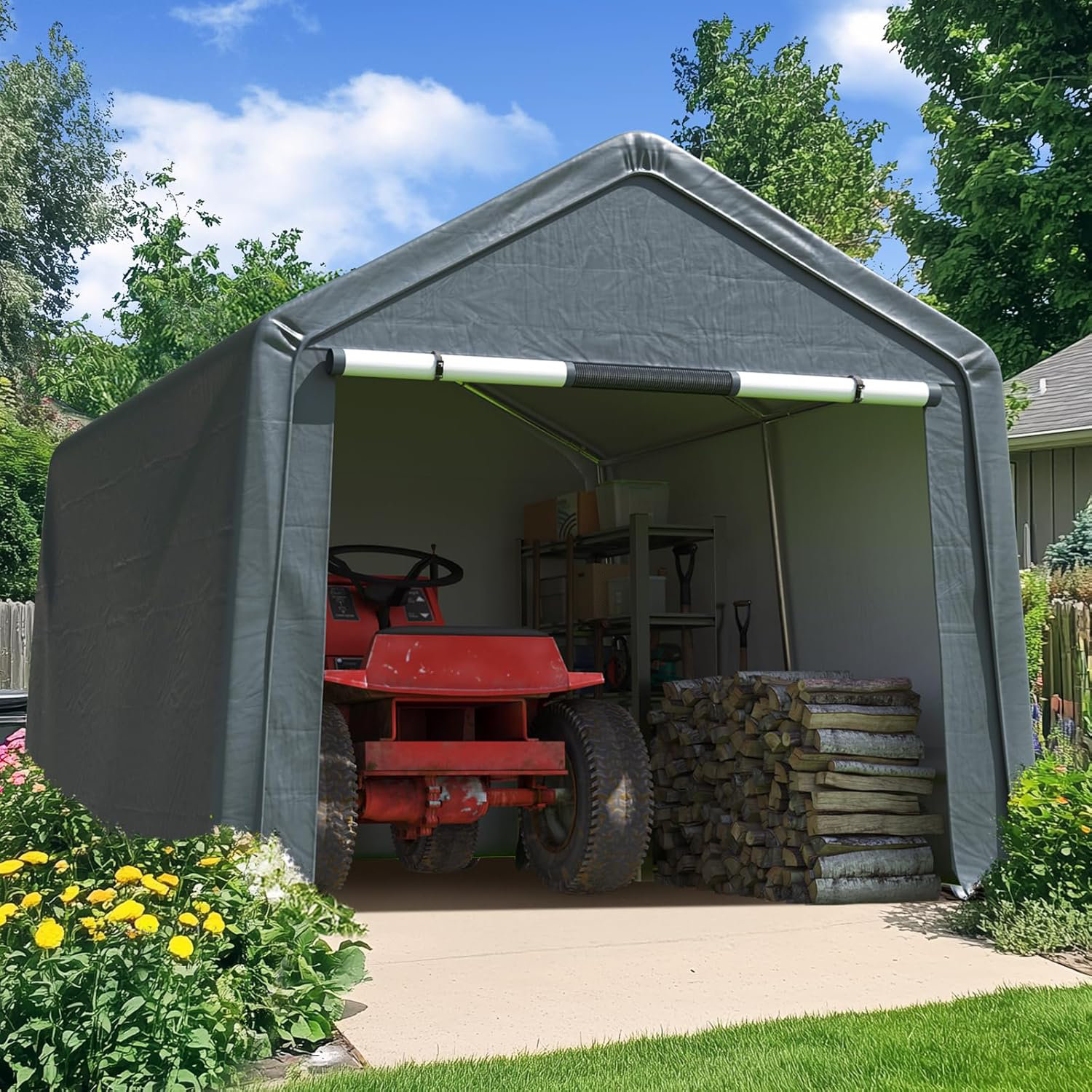 INKEDZ 10x10FT Heavy-Duty Carport Shelter – with Roll-Up Mesh Windows ...