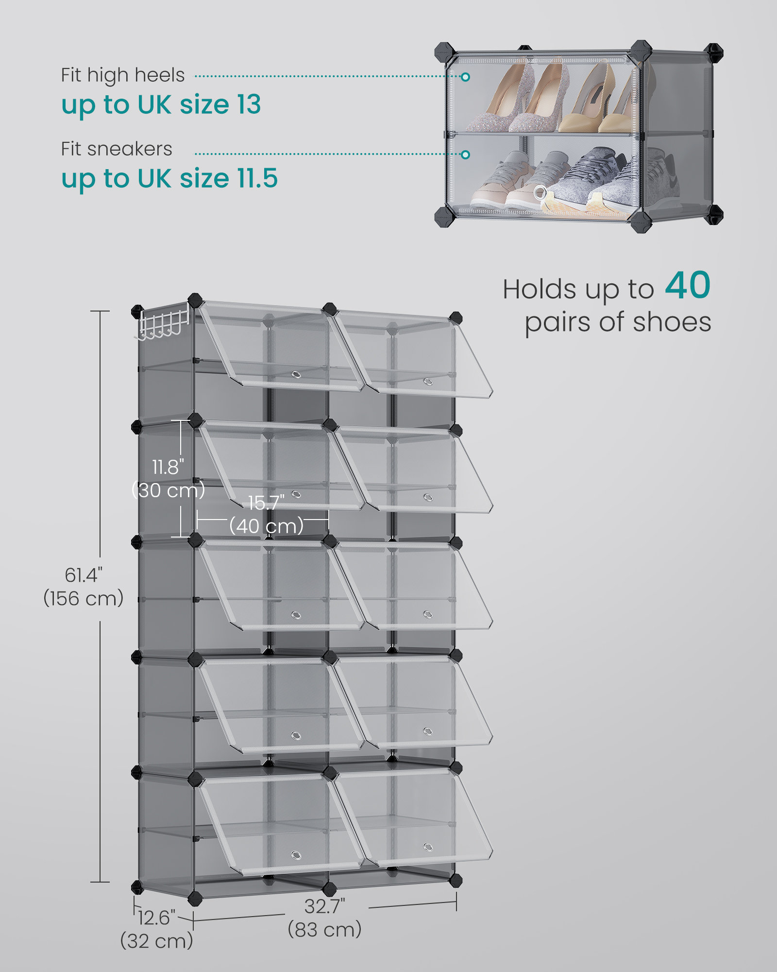 Rebrilliant Interlocking Shoe Rack, Plastic Shoe Storage Cabinet, 10 ...