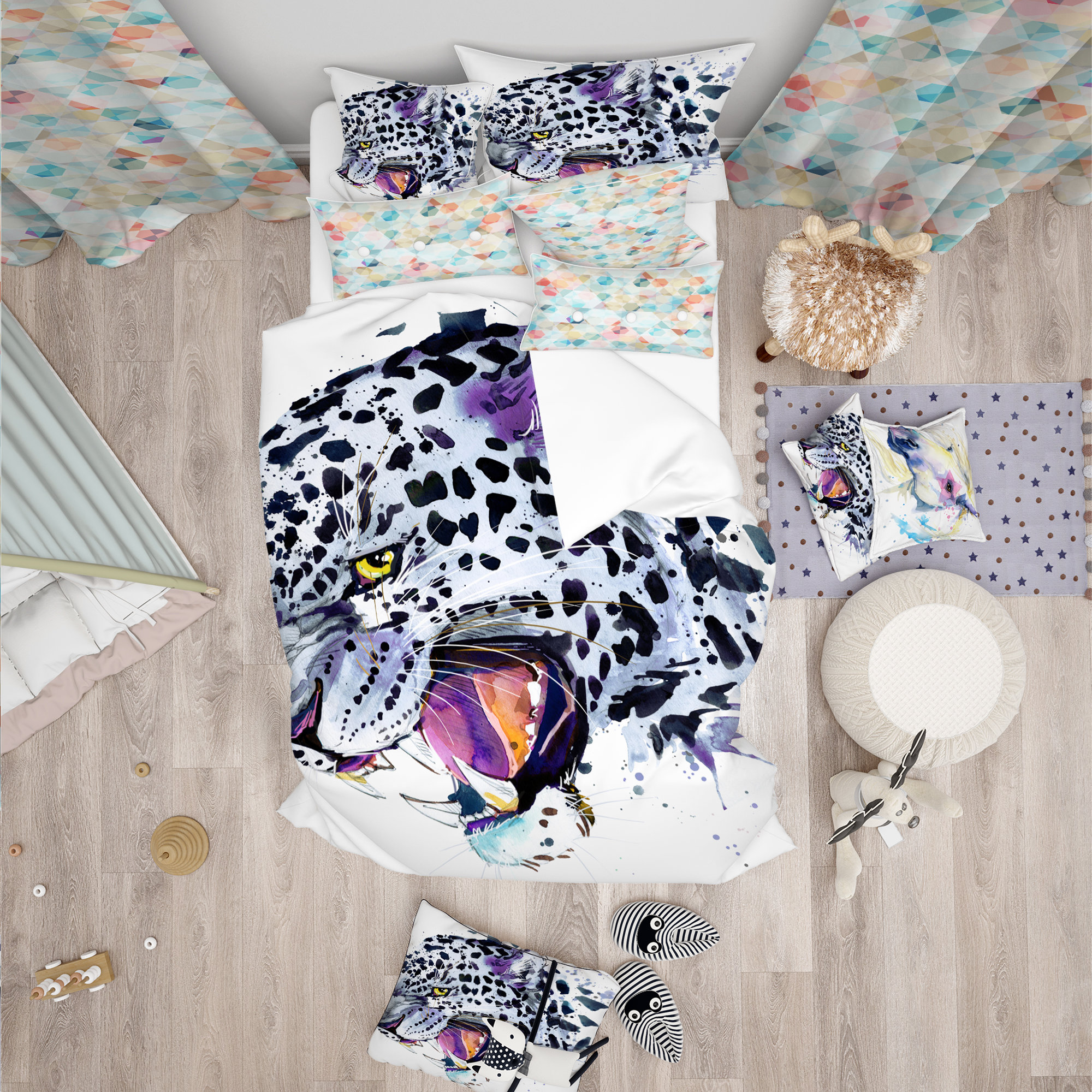 Design Art Ferocious Snow Leopard Face - Animal Duvet Cover Set ...