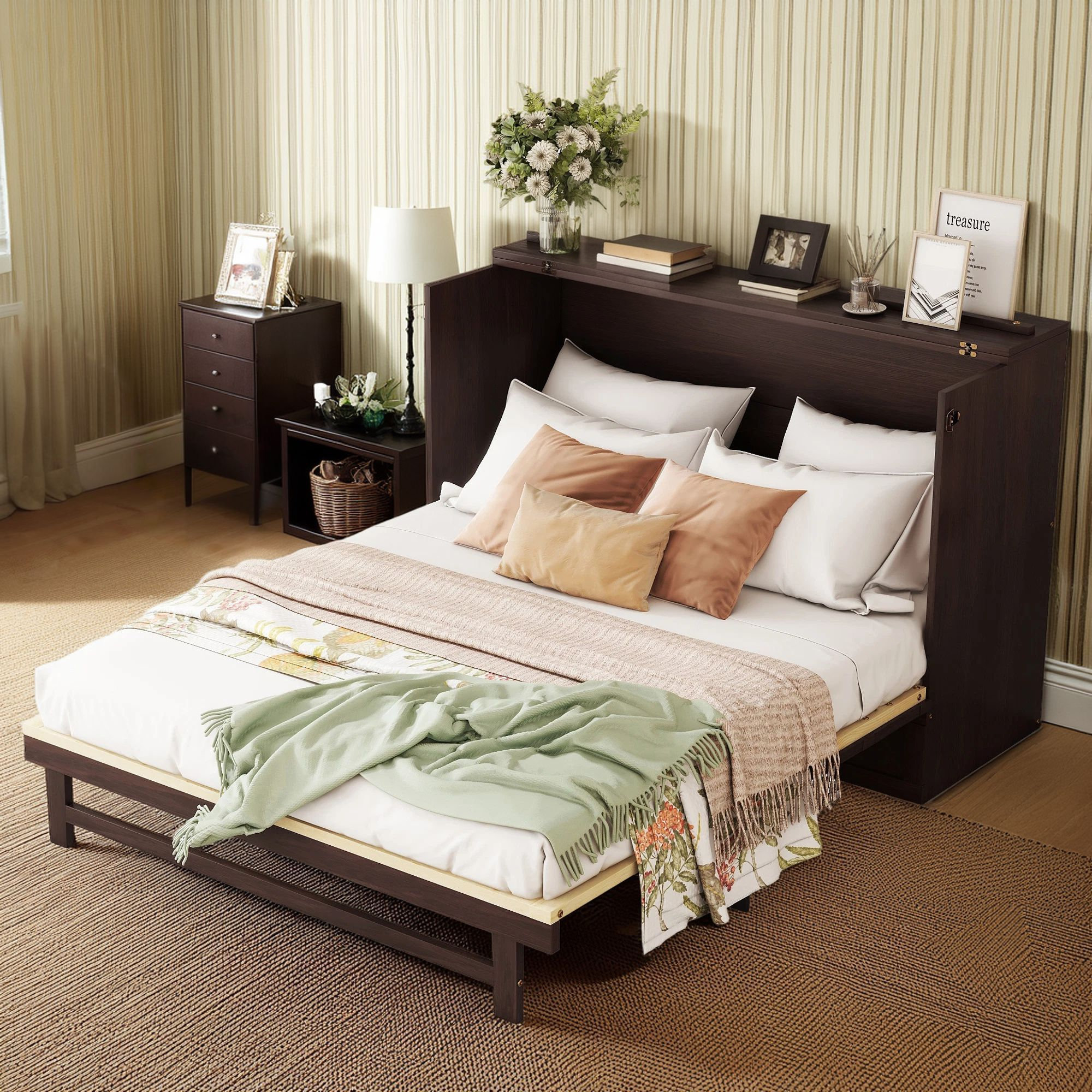 Lark Manor Queen-sized Murphy Bed, Pine Cabinet Style With Rattan Trim ...