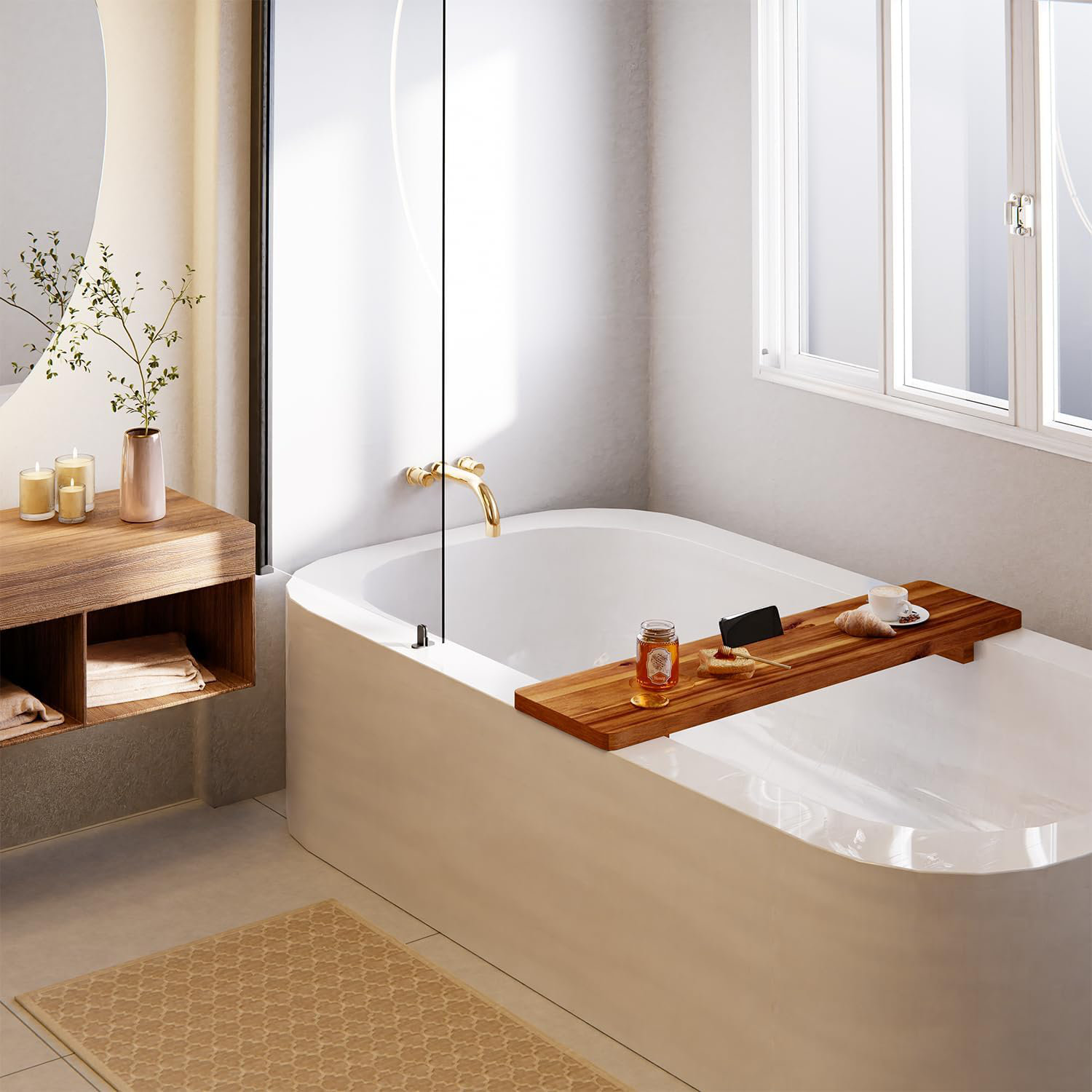 Symple Stuff Acacia Bathtub Caddy Tray Table | 35X9 Inch Large Bath Tub ...