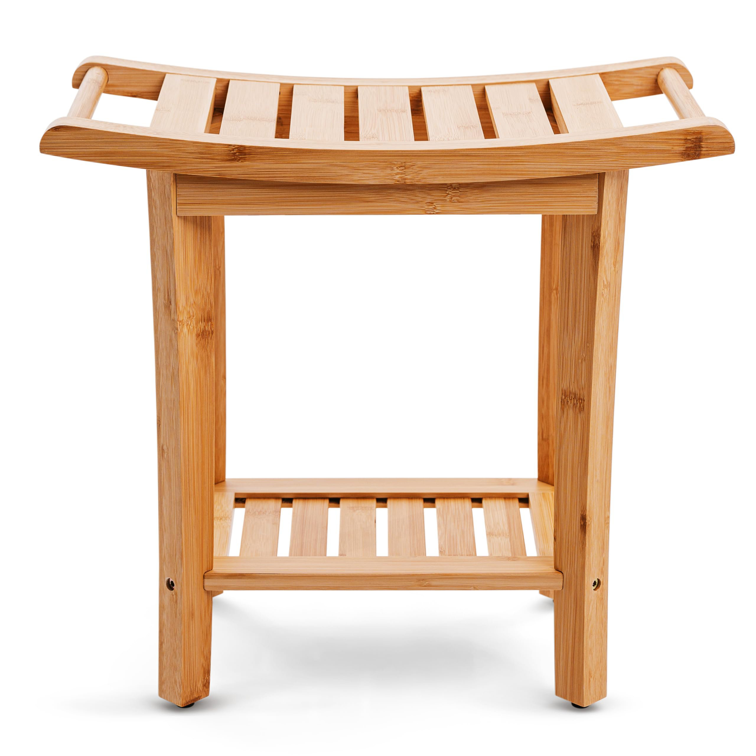 Winston Porter Bamboo Shower Bench With Storage Shelf, Shower Stool ...