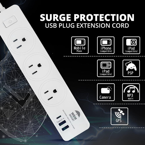WBM Smart Extension Cord Socket 5.9 ft 10 A, Power Strip with 2 USB ...