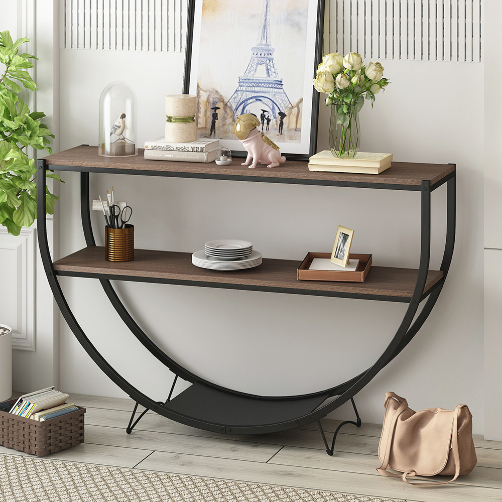 17 Stories Demilune Shape Textured Distressed Wood Console Table ...