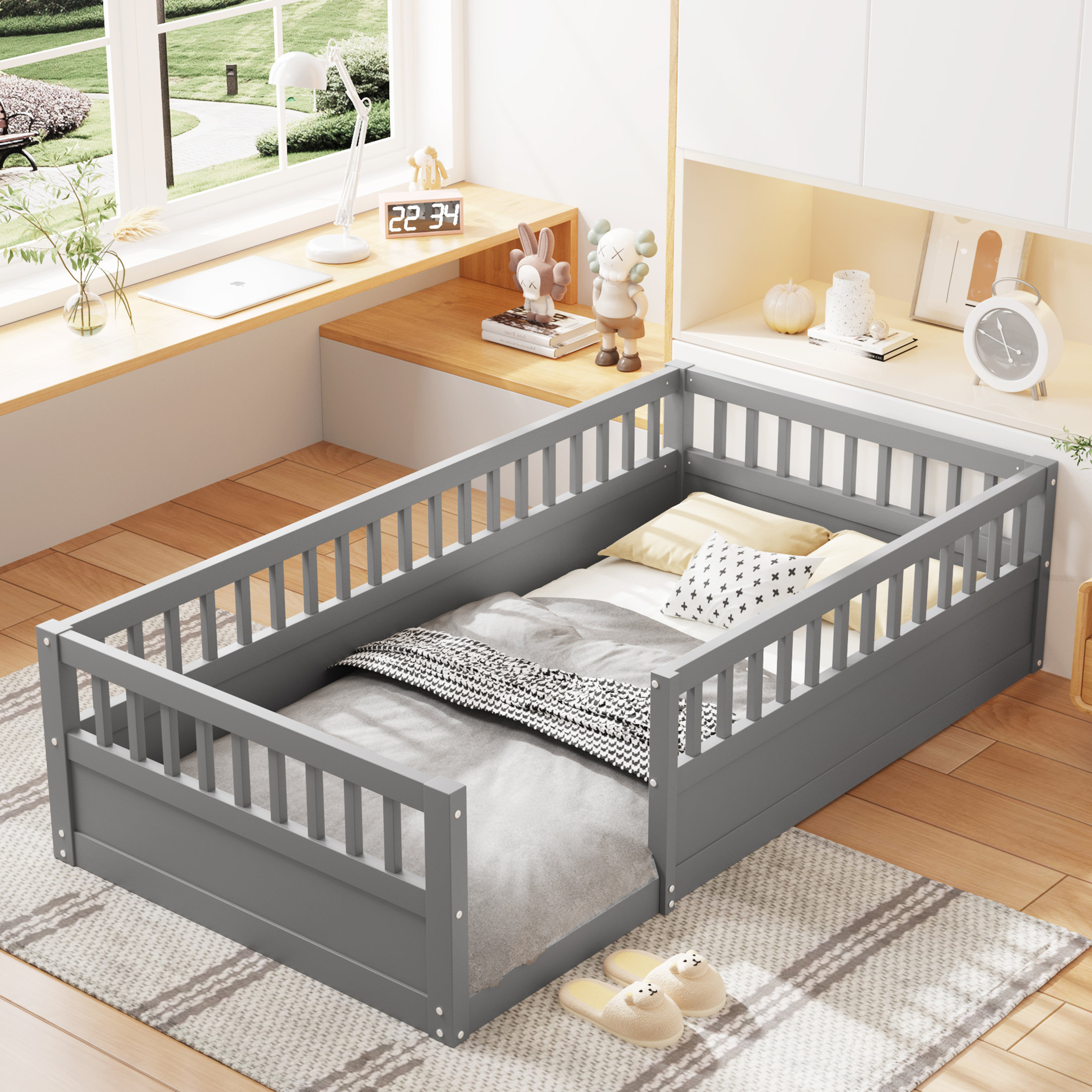 Ophelia & Co. Twin Floor Bed Frame with Fence, Wood Kids Floor Beds ...
