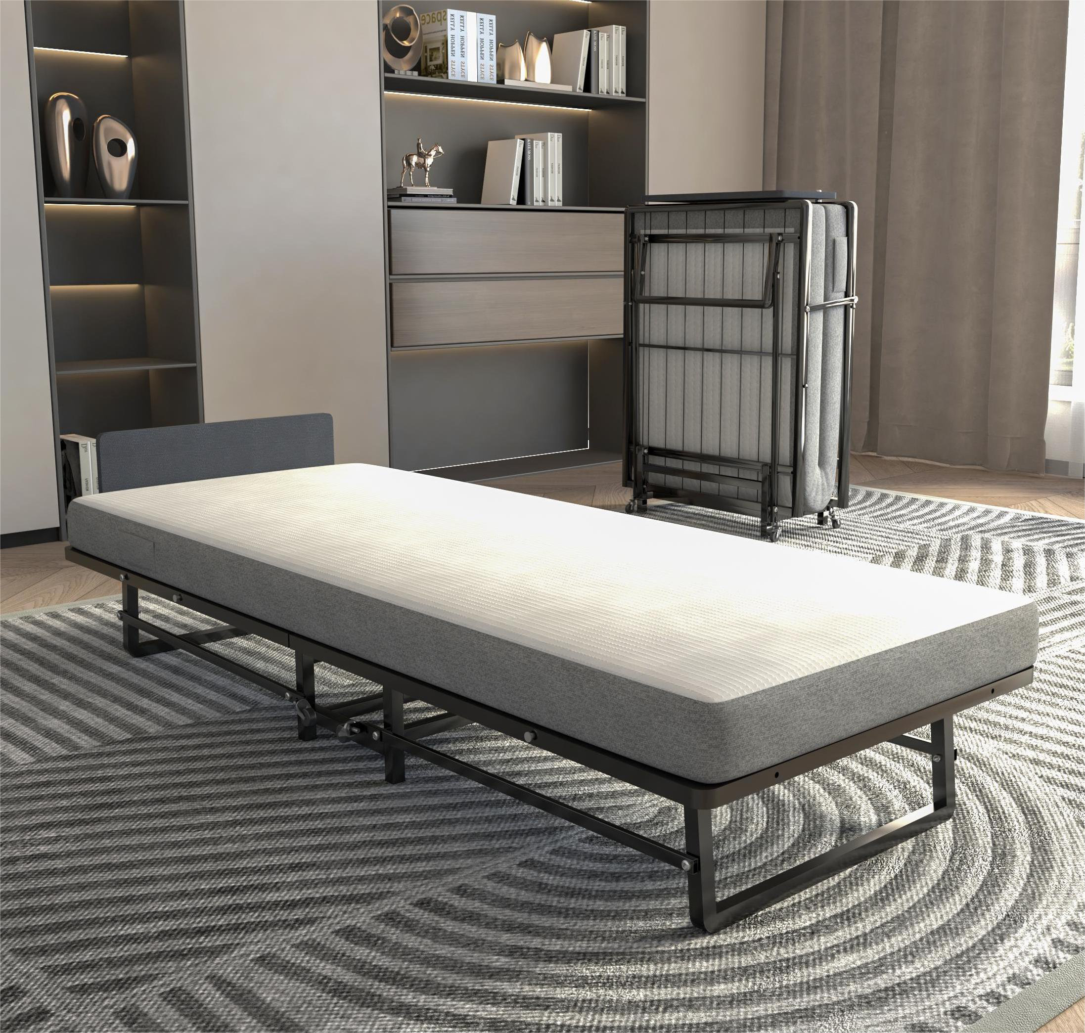 Alwyn Home Metal Folding Bed Frame With Foam Mattress Of Pockets, Easy ...