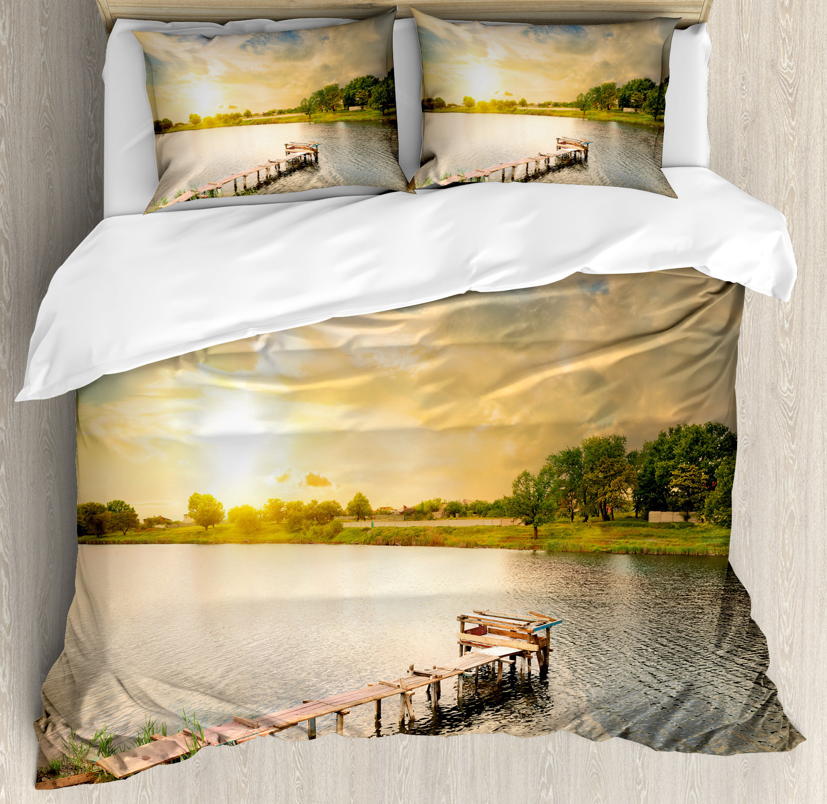 Ambesonne Nature Wooden Deck on the Lake Surrounded by Foliage Evening ...