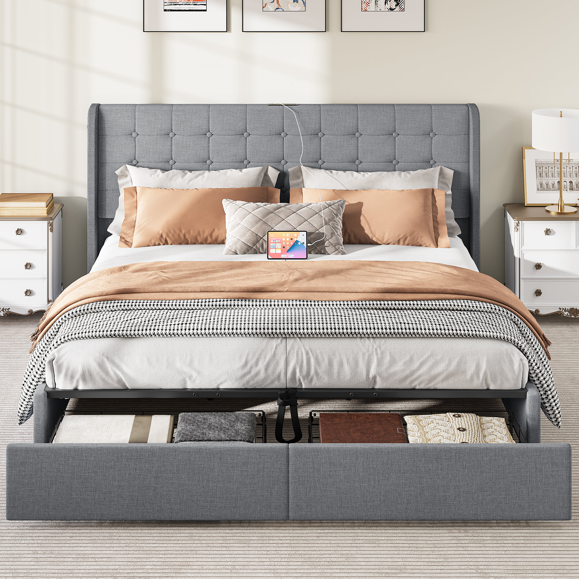 Lark Manor Lit plateforme tapissier à oreilles avec prises intégrées et Commentaires - Wayfair ...