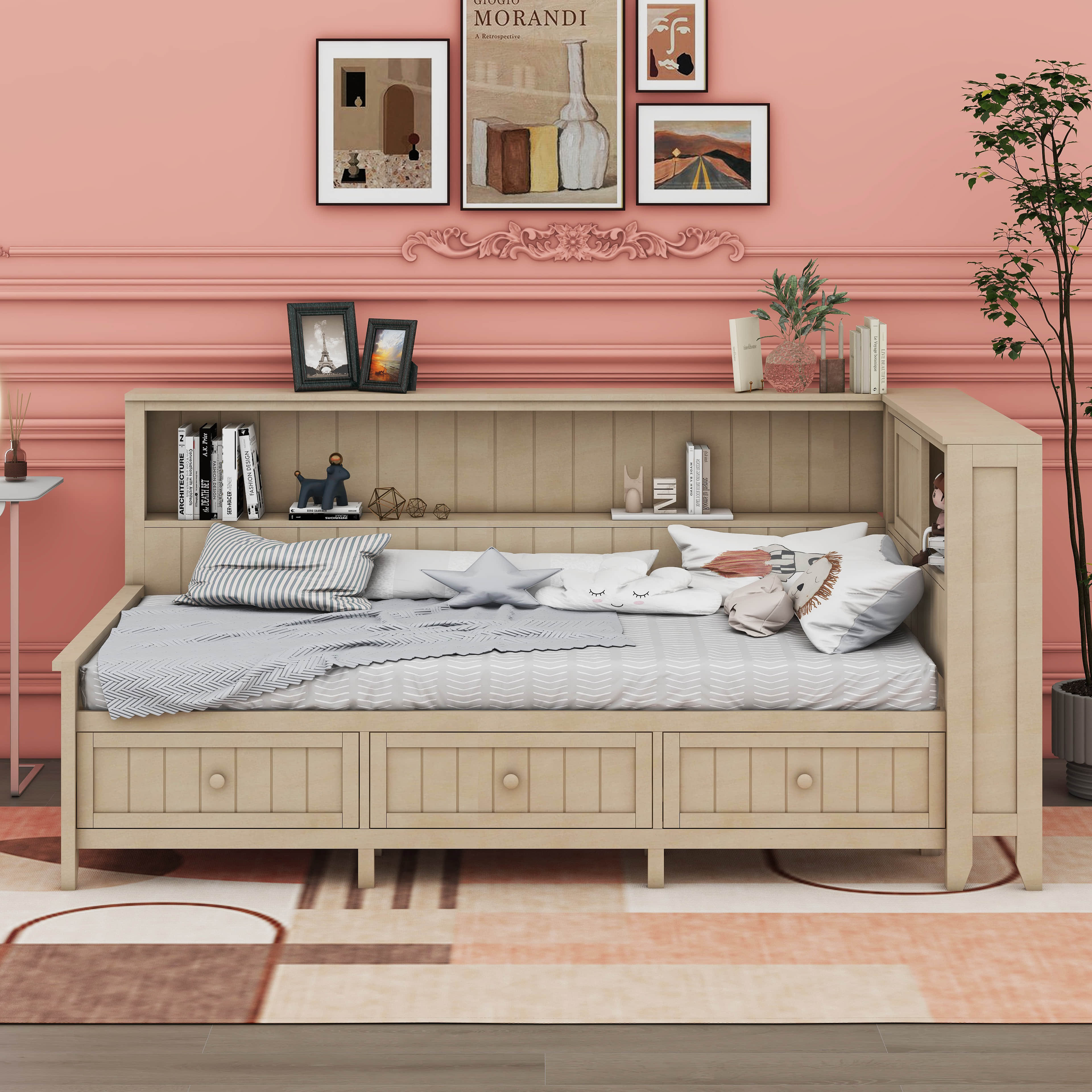 Lark Manor Full Size Wood Daybed With Storage Shelves And 3 Drawers ...