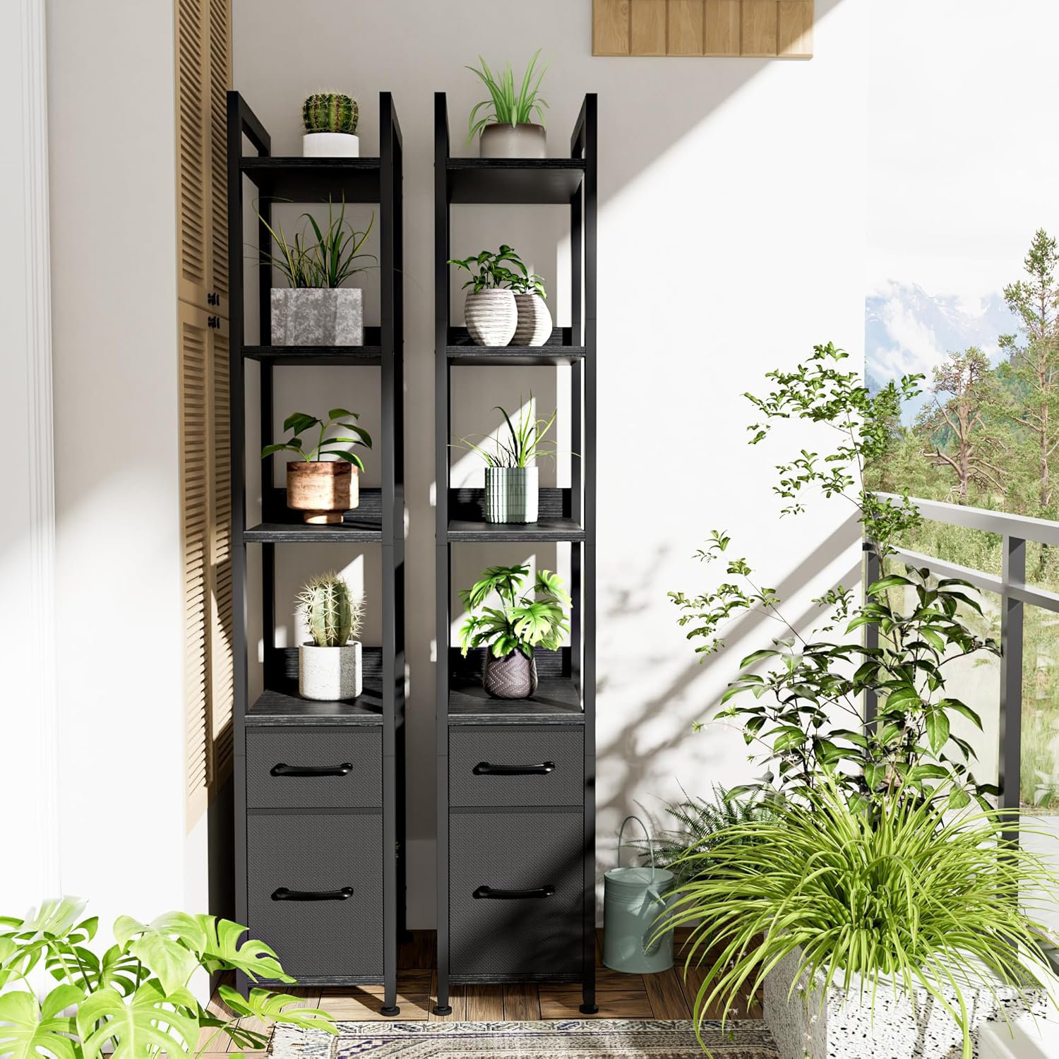 Ebern Designs Slim 5-Tier Bookshelf With Fabric Drawers - Space-Saving ...
