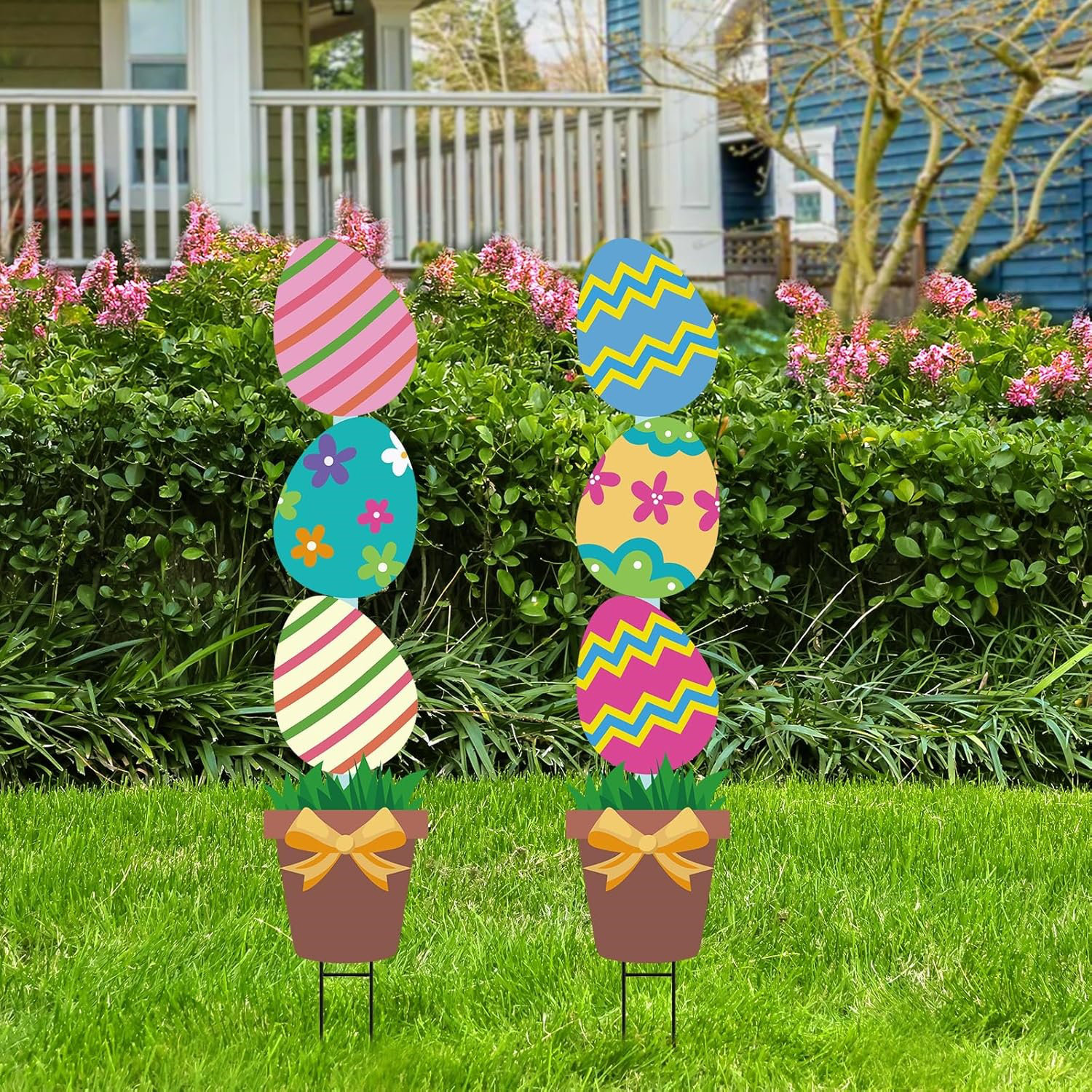 The Holiday Aisle® 2Pcs Large Metal Easter Egg Flower Pot Front Porch ...