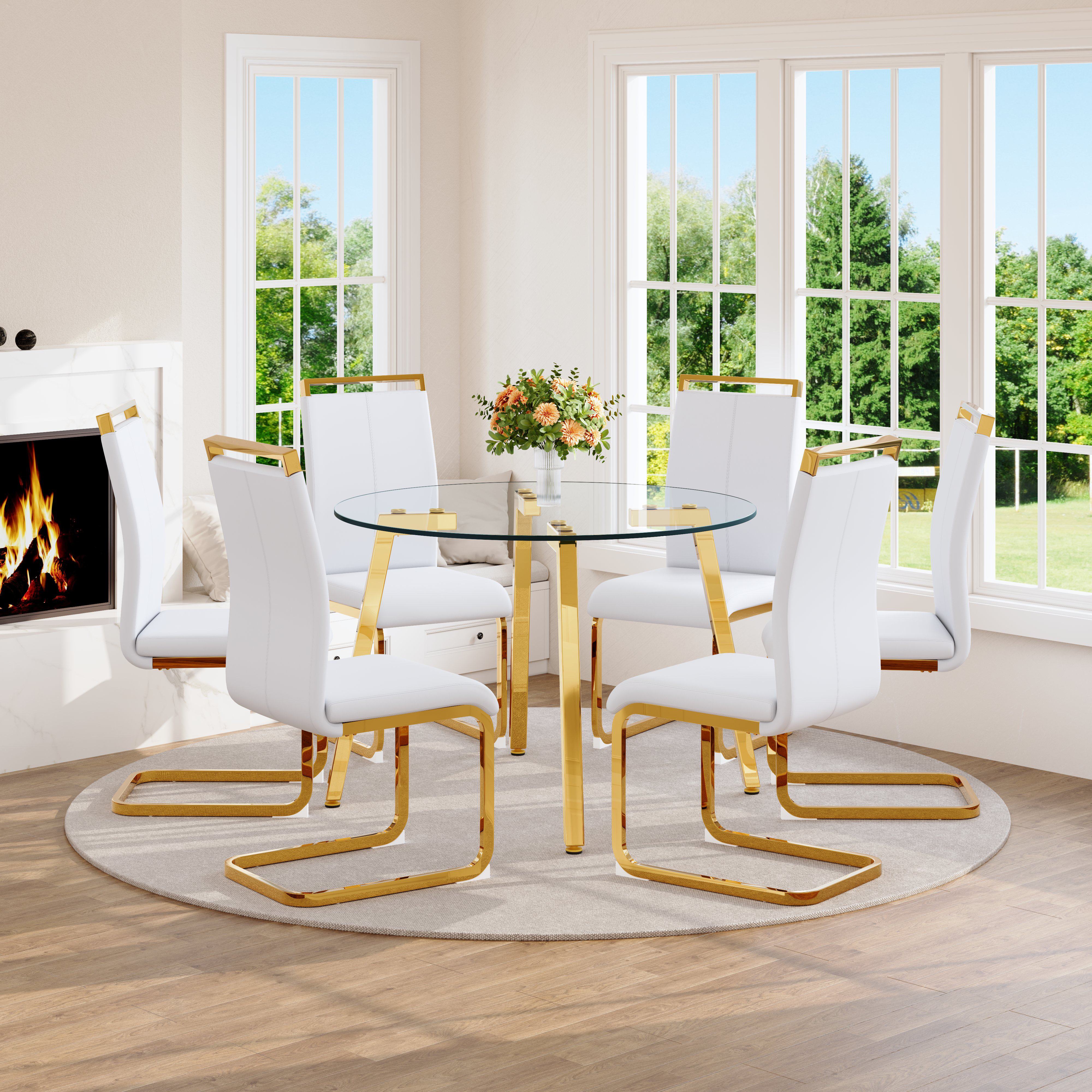 Mercer41 Modern Round Dining Room Table Set For 4, Tempered Glass Top ...