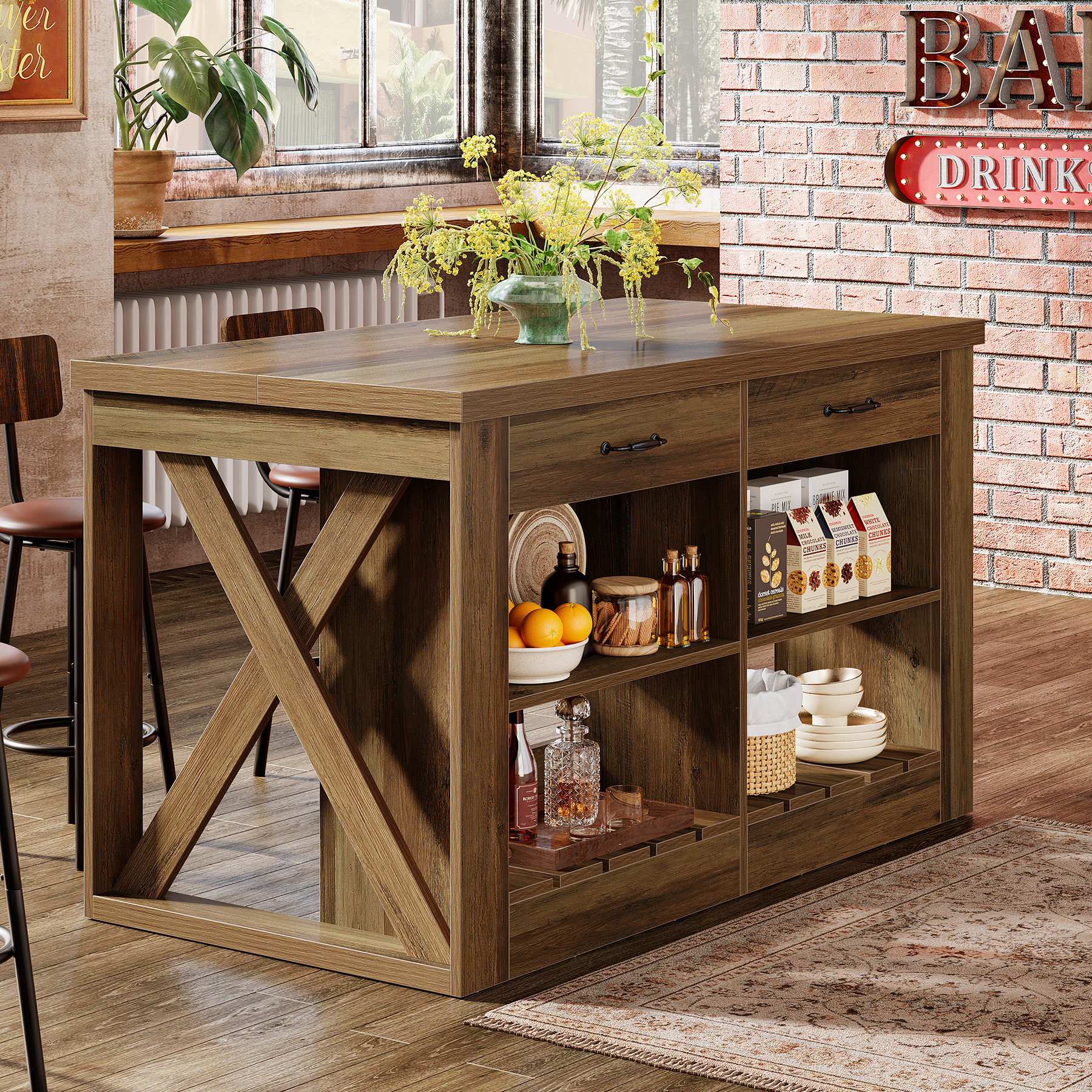 Gracie Oaks 55" Wooden Kitchen Island with Storage and Seating ...