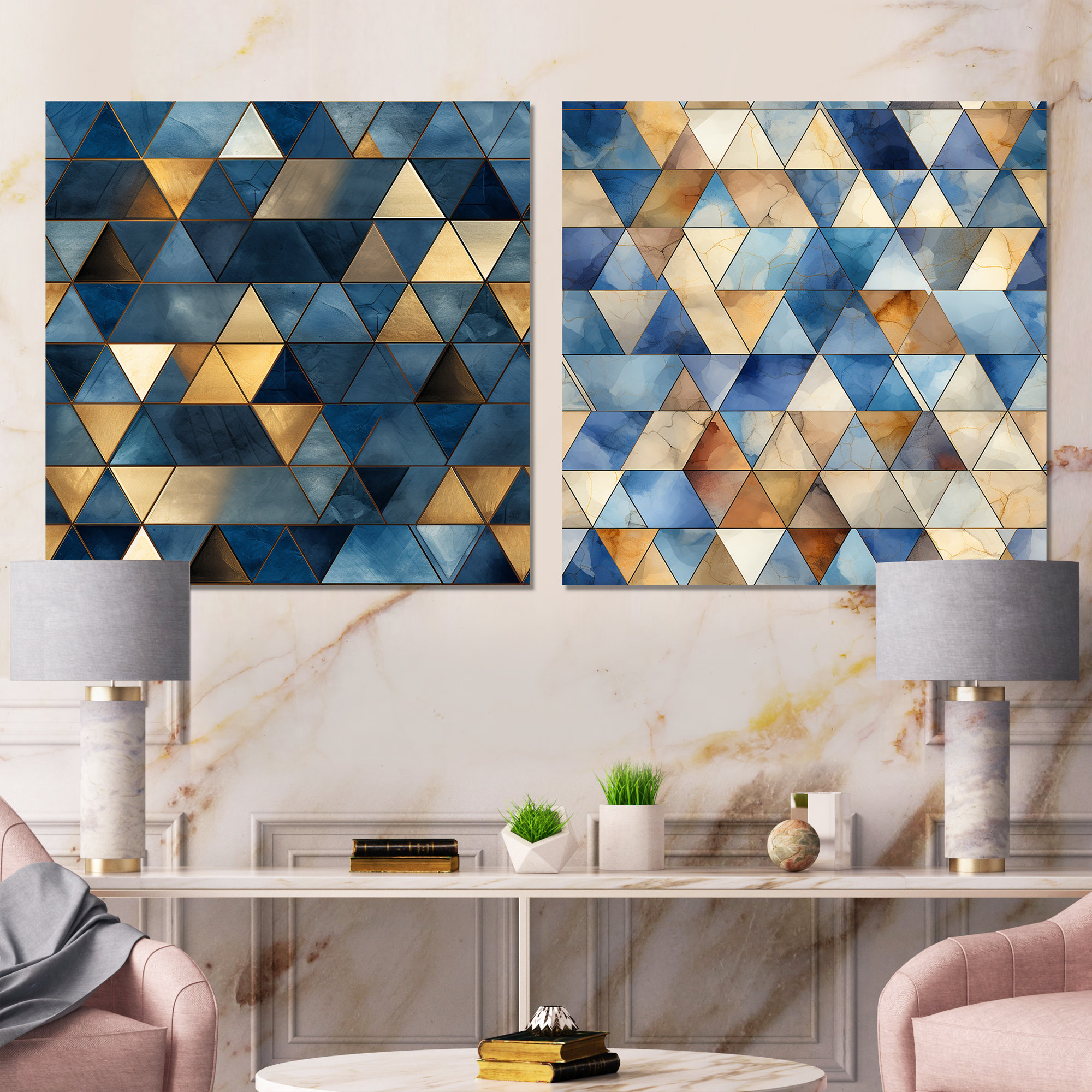 Design Art Beige And Blue Triangles Mosaic II - Abstract Shapes Wall ...