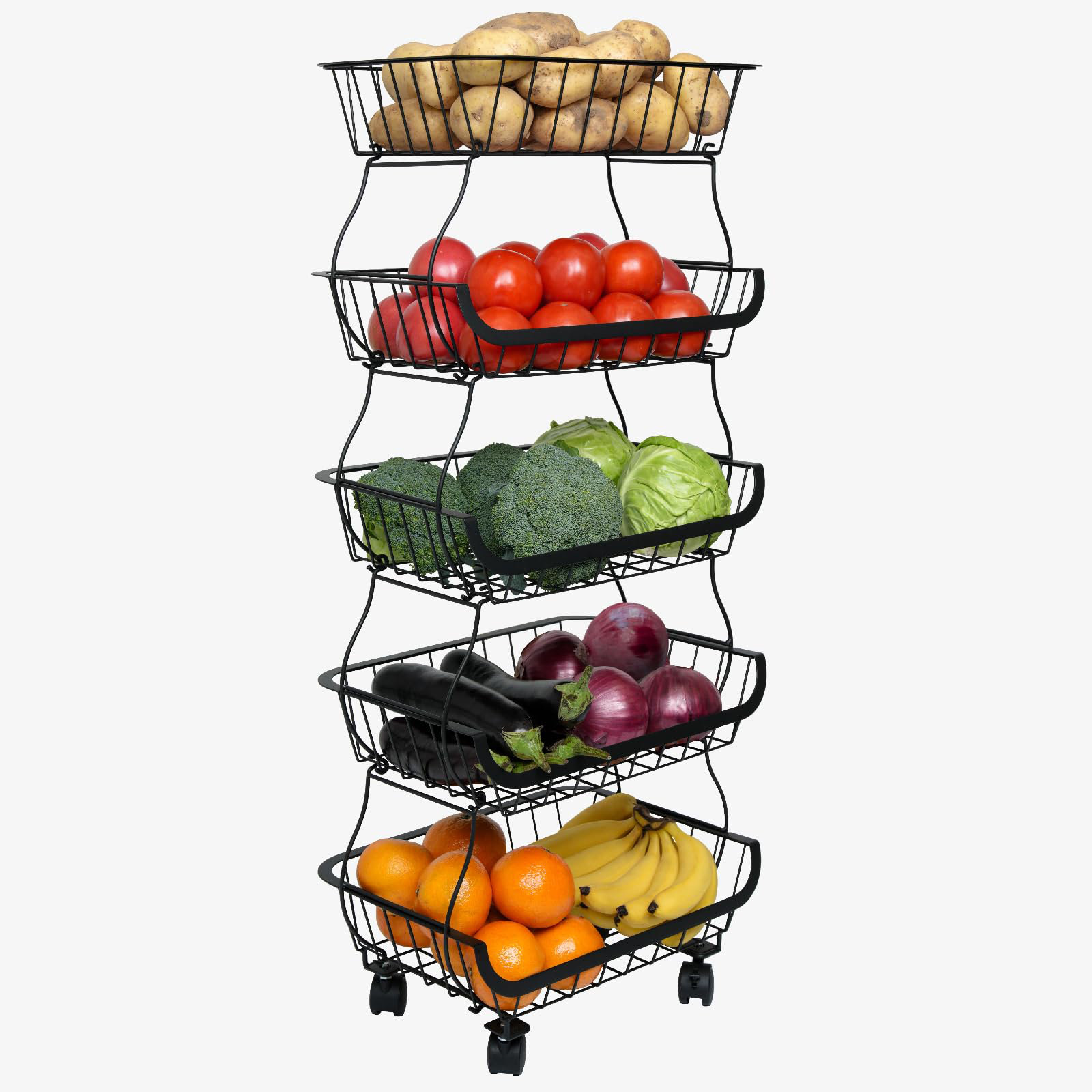 Rebrilliant Fruit And Vegetable Basket With Wheels, 5 Tier Stackable ...