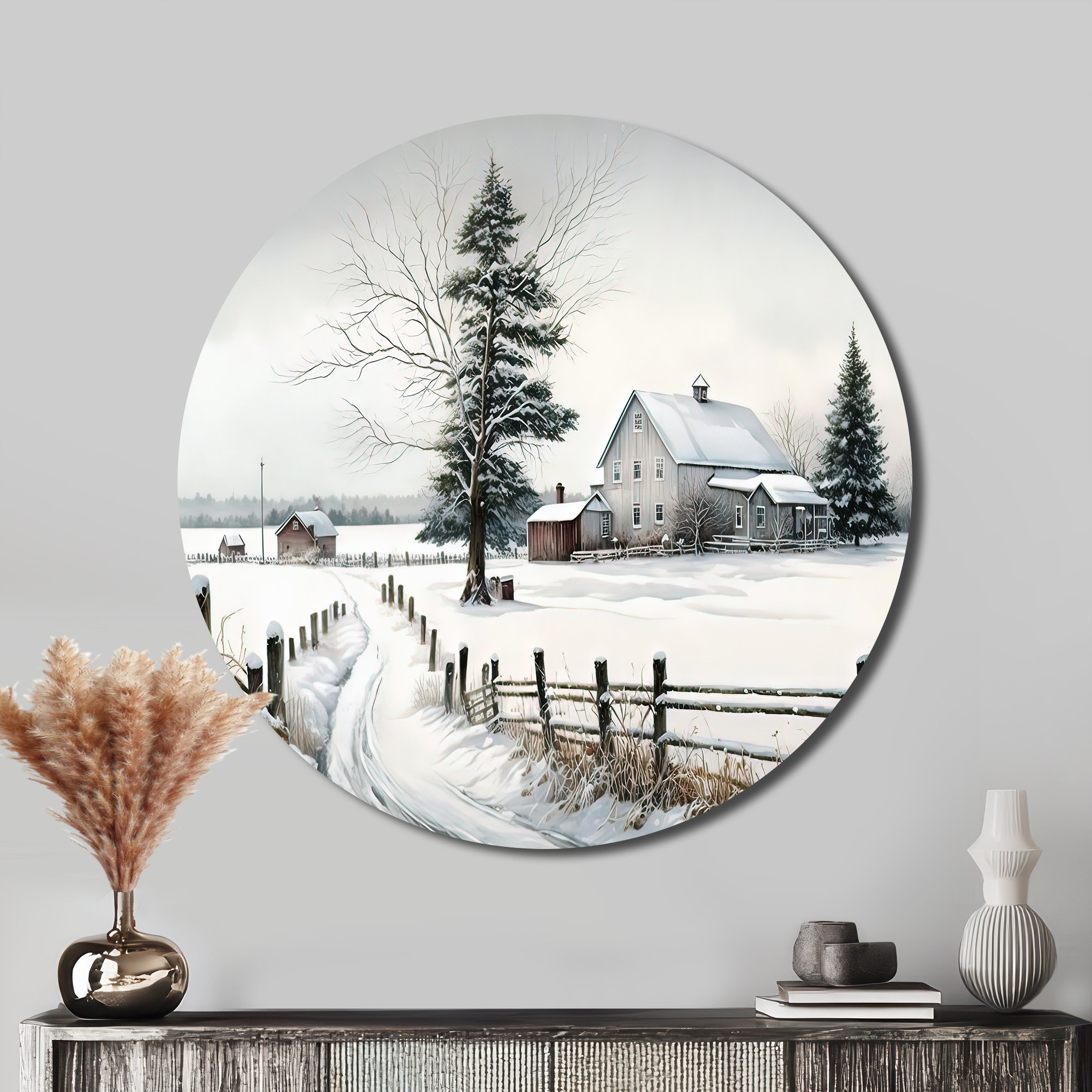 East Urban Home Nebraska Farm In Winter - Farm Round Metal Art | Wayfair