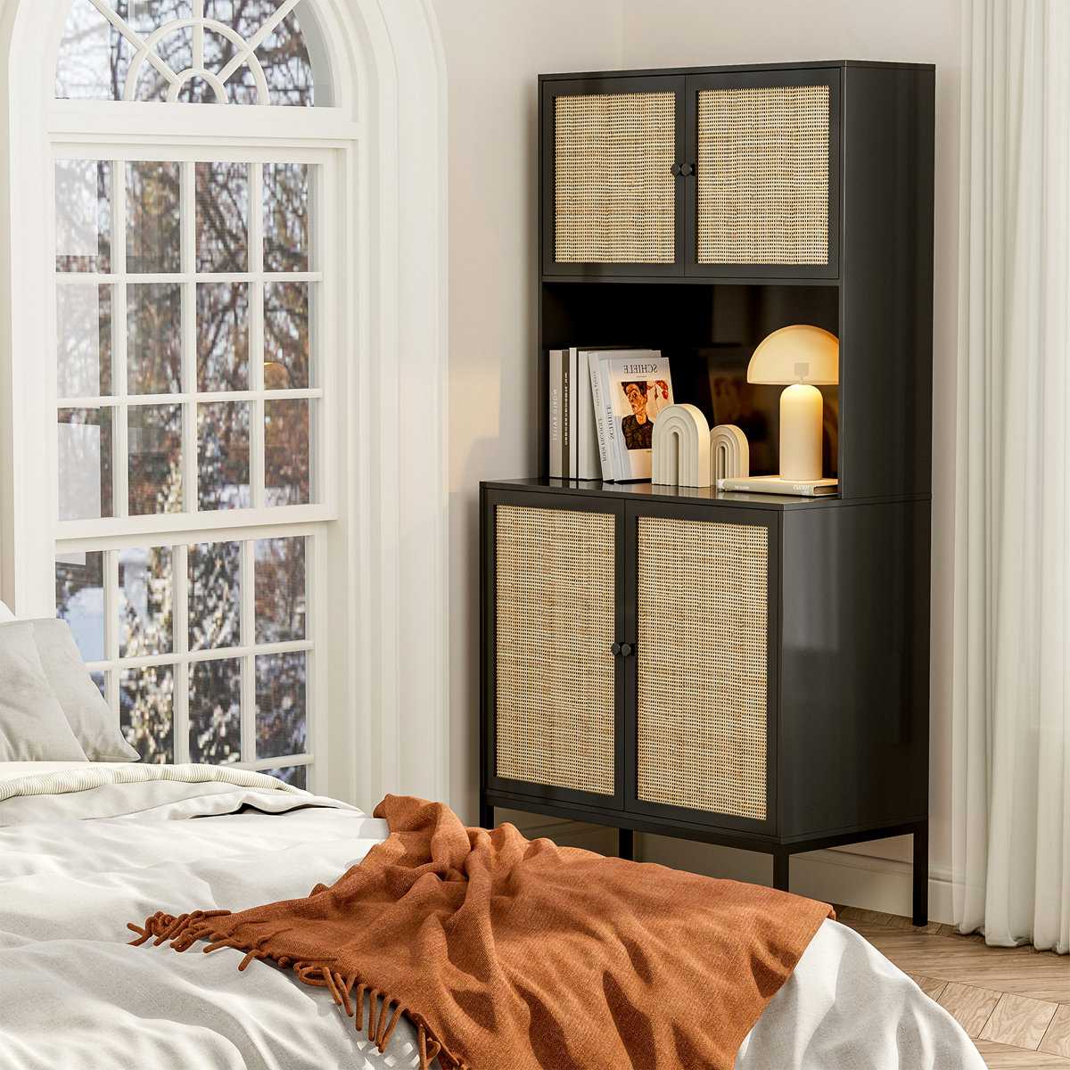 Bay Isle Home™ Manel Kitchen Pantry Rattan Storage Cabinet With Outlet ...