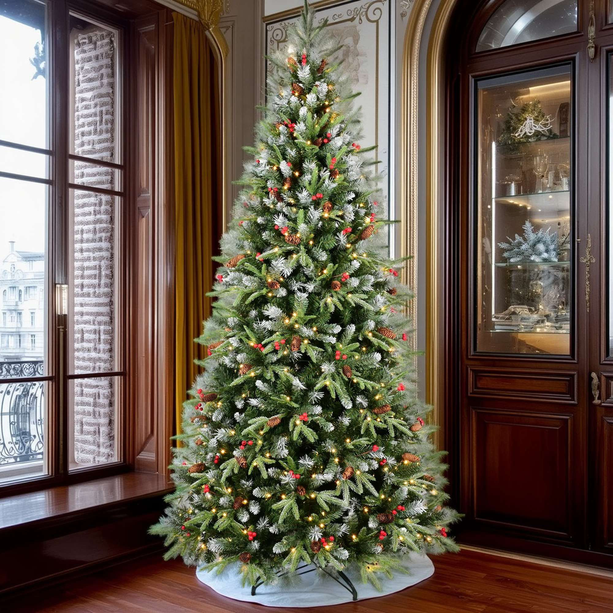 Cabinet Curvature Pre-Lit Snow-Tipped Christmas Tree With Red Berries ...