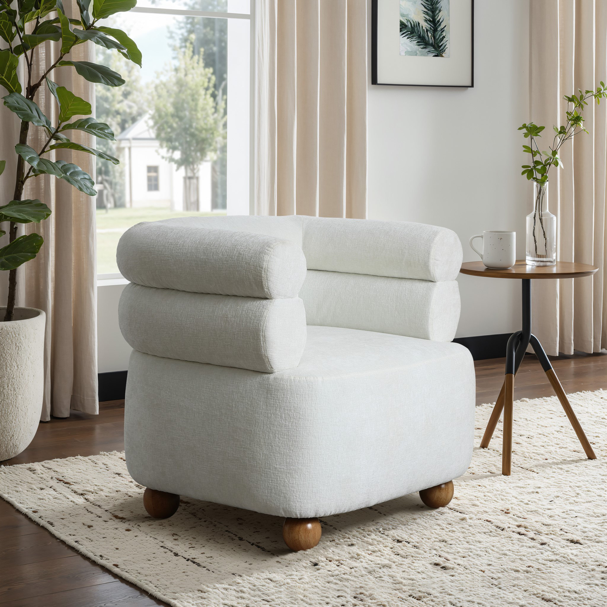 Ivy Bronx Modern Upholstered Ivory Barrel Accent Chair with Wood Ball ...