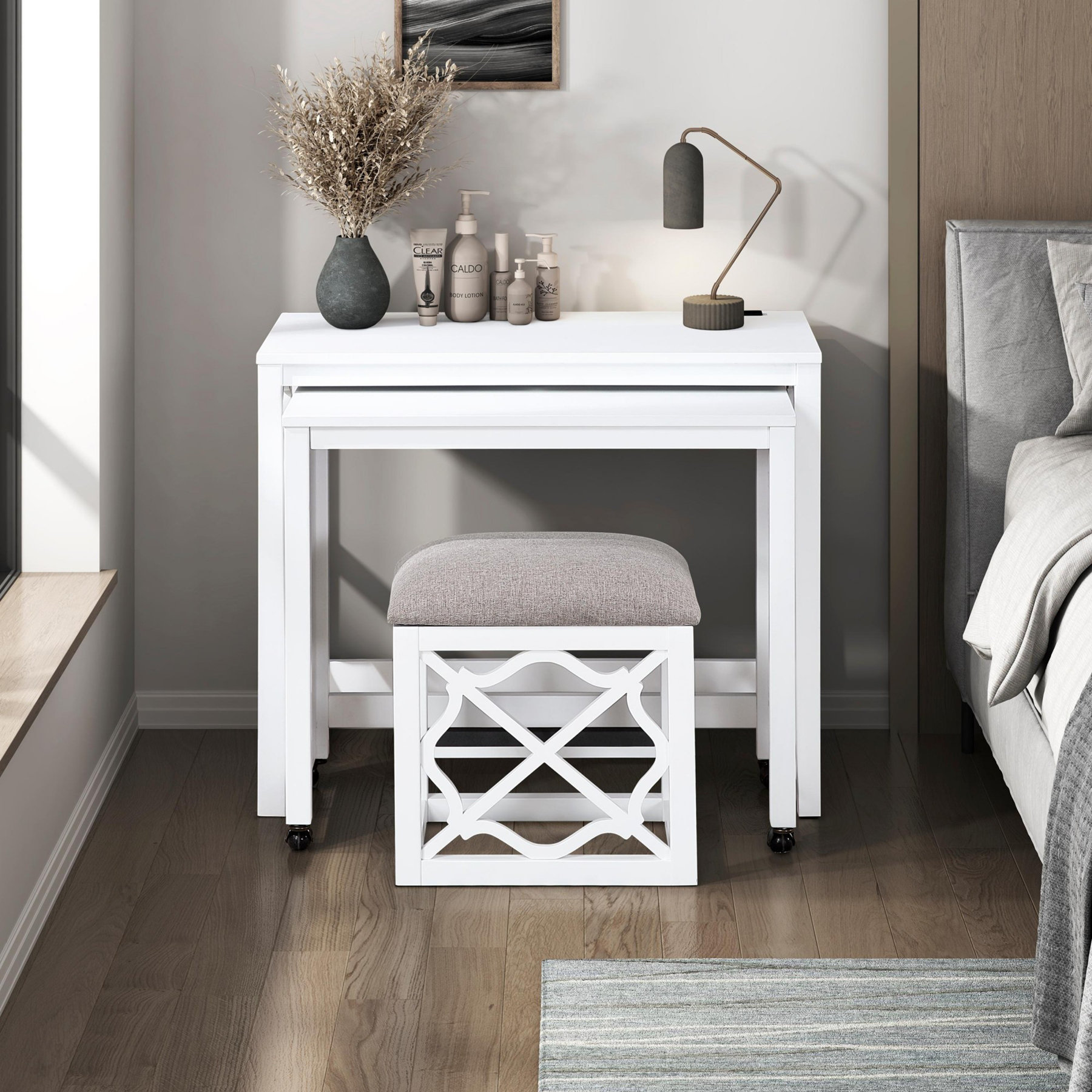 Red Barrel Studio Desks and Stool Set 3pc Rolling Desk with Casters ...