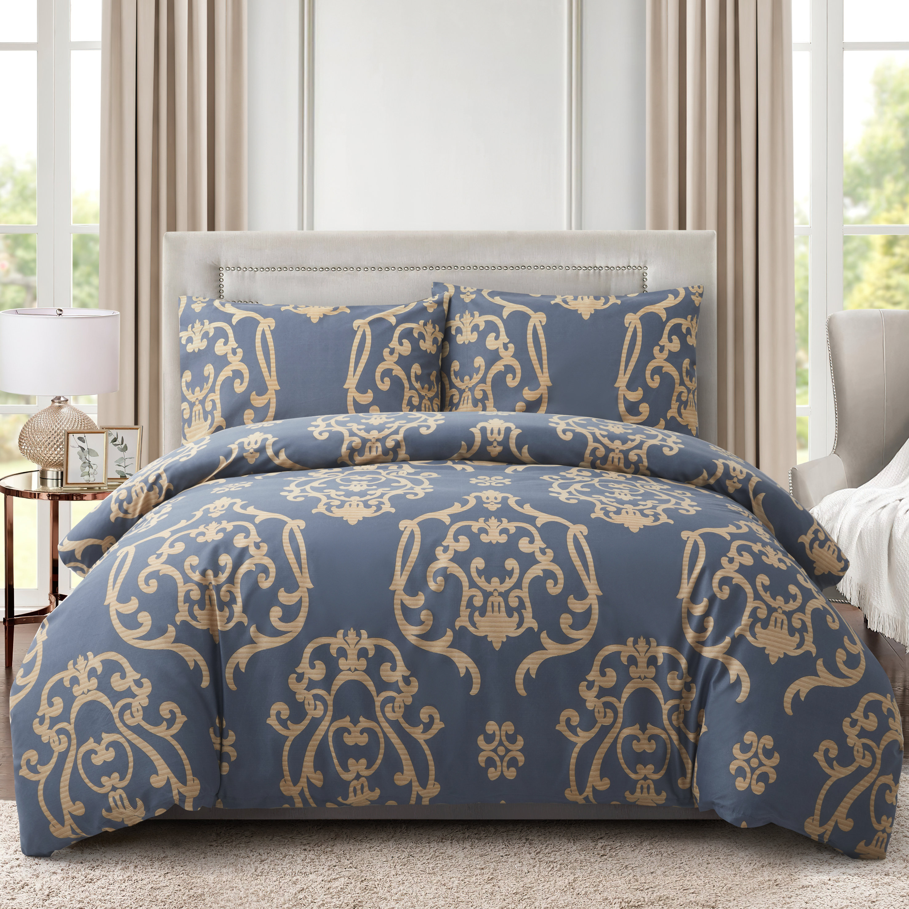 Marina Decoration Printed Bamboo Duvet Cover Fitted Sheet Set, Gold ...